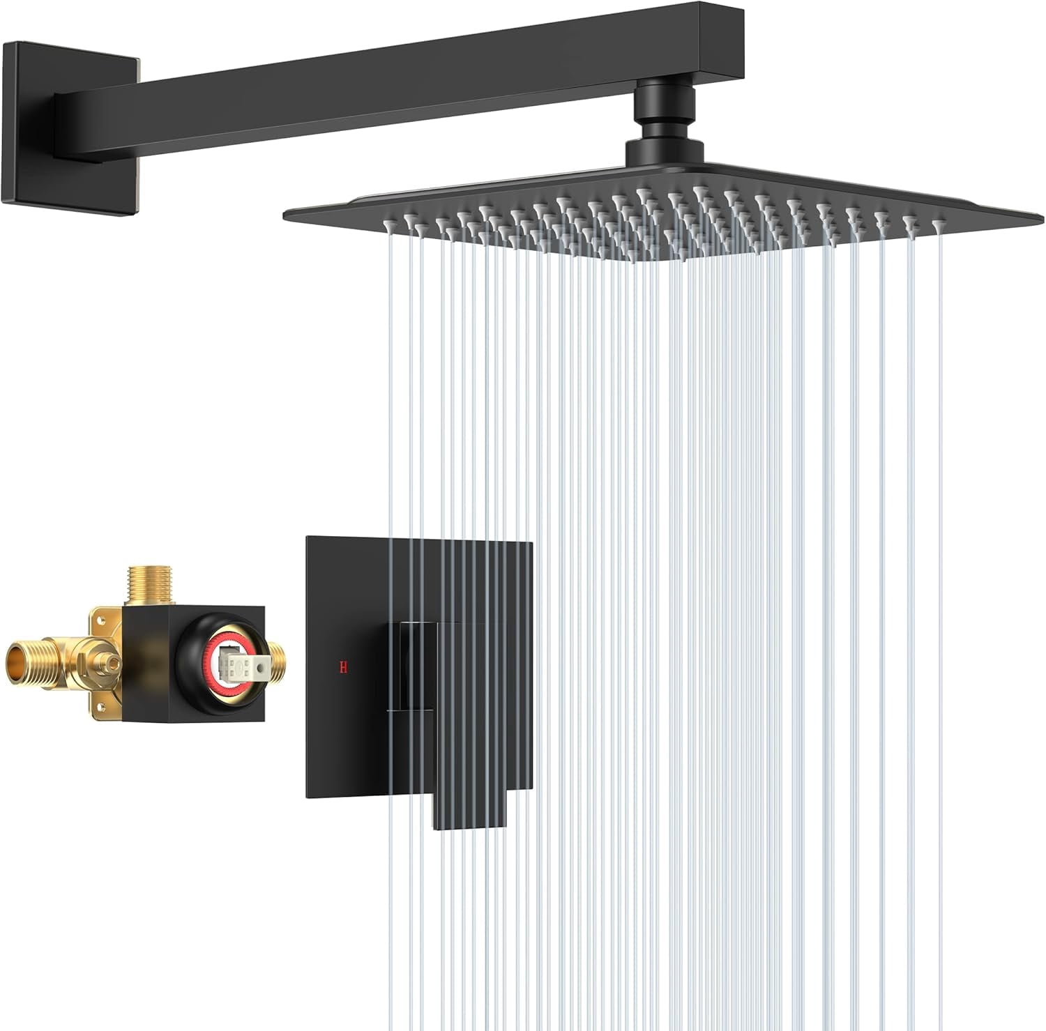 Matte Black Shower Faucet Set with Valve, 8 Inch Square Shower Head and ...