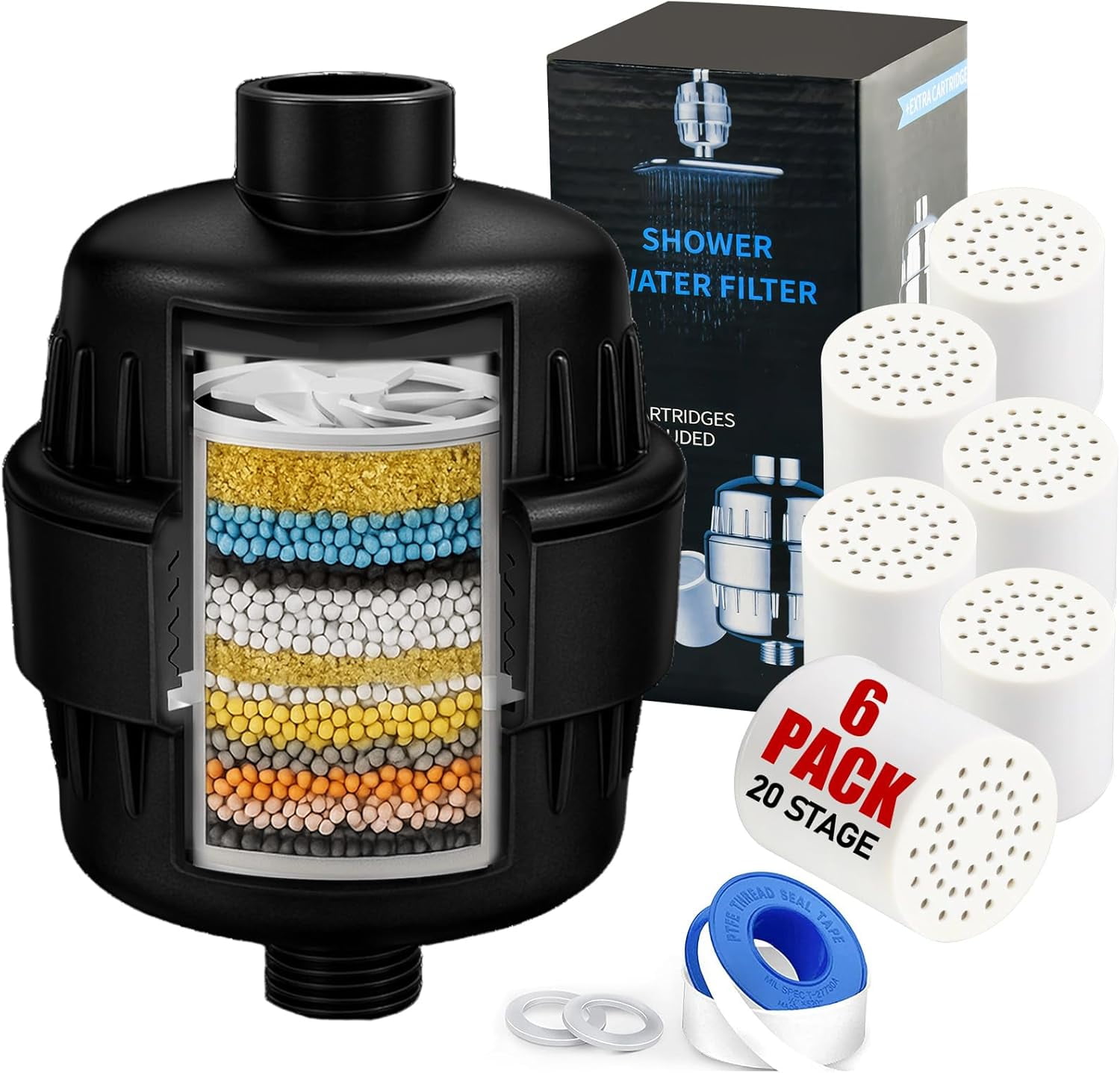 Matte Black Shower Head Filter with 6 Replacement Cartridges - 20 Stage ...
