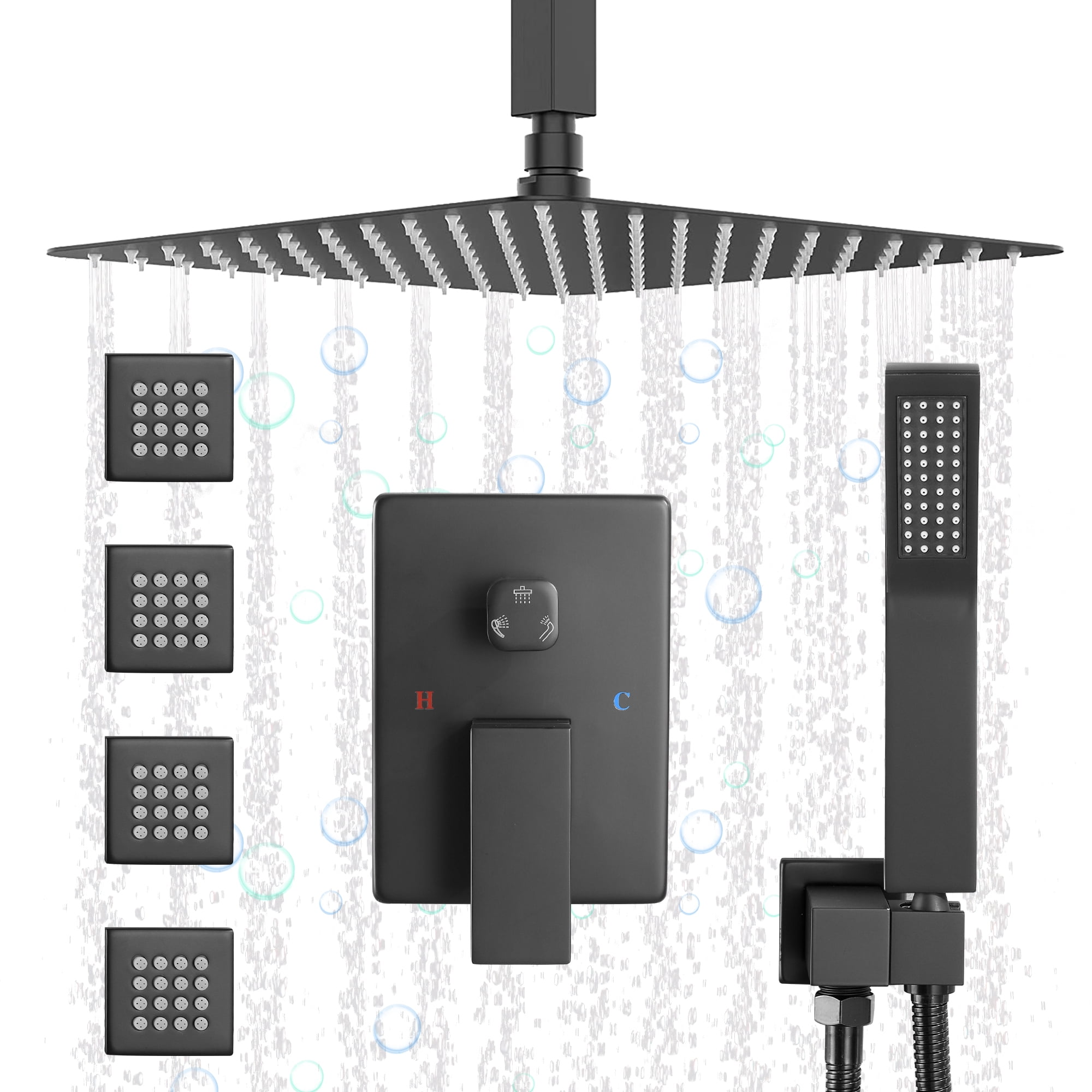 Matte Black Shower Jets Rain Shower System with 12'' Ceiling Shower ...