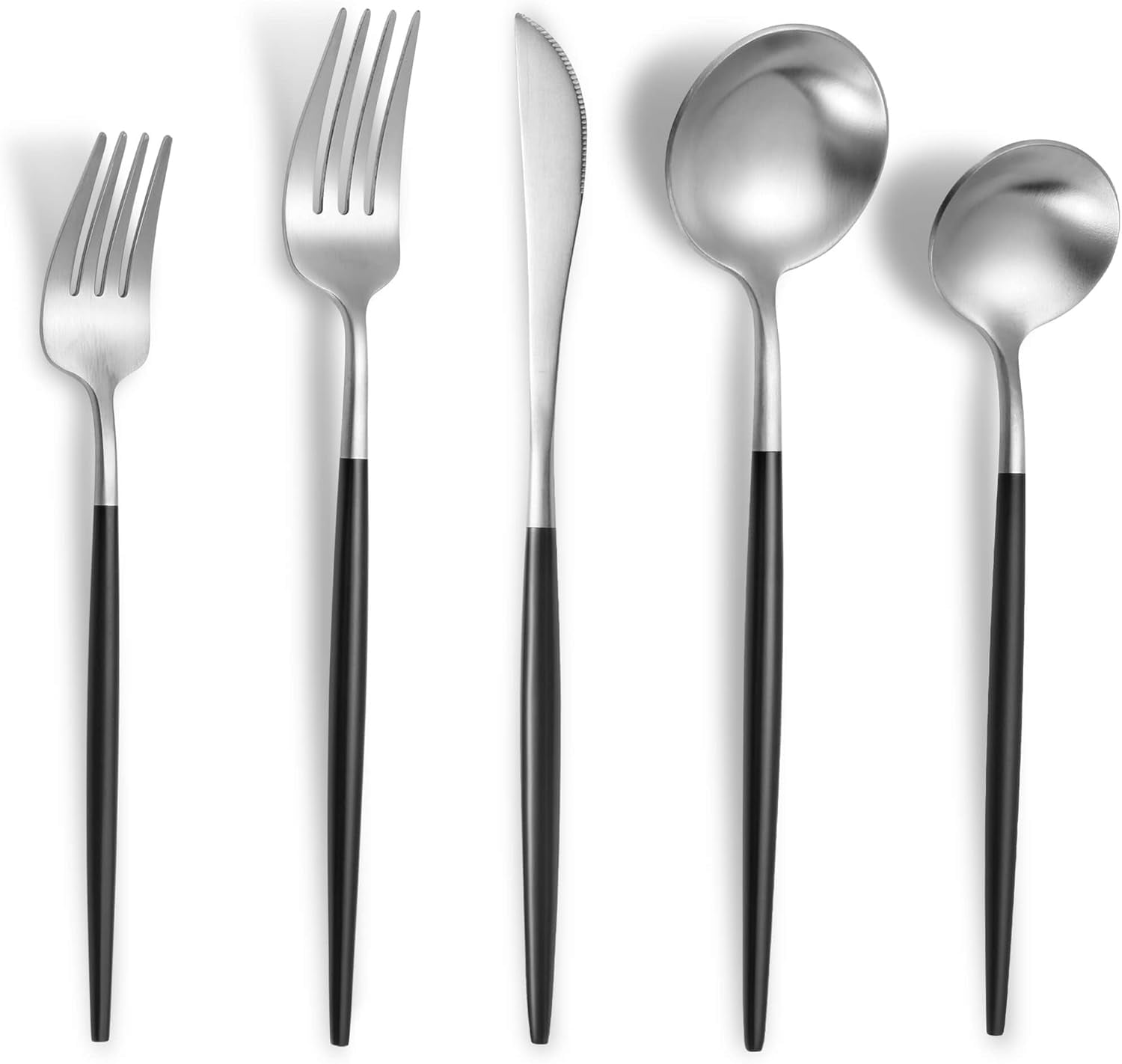 Matte Black Silver Silverware Set for 6, Modern Stainless Steel Brushed ...
