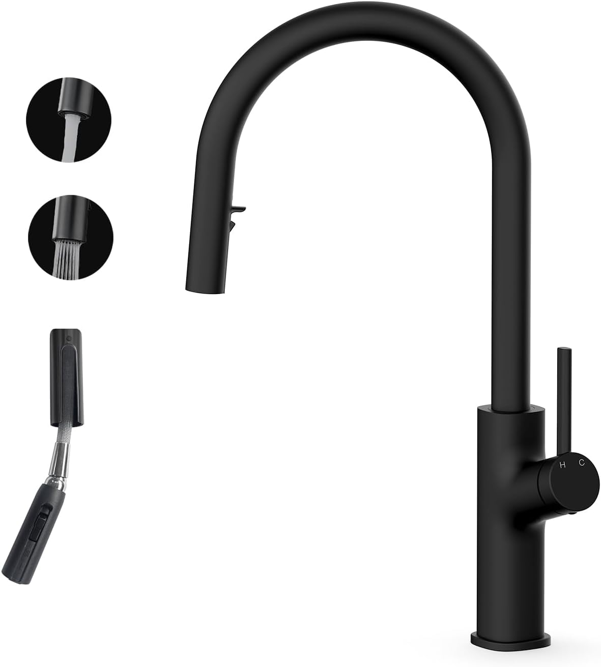 Matte Black Single Hole Stainless Steel Pull Down Kitchen Faucet with ...