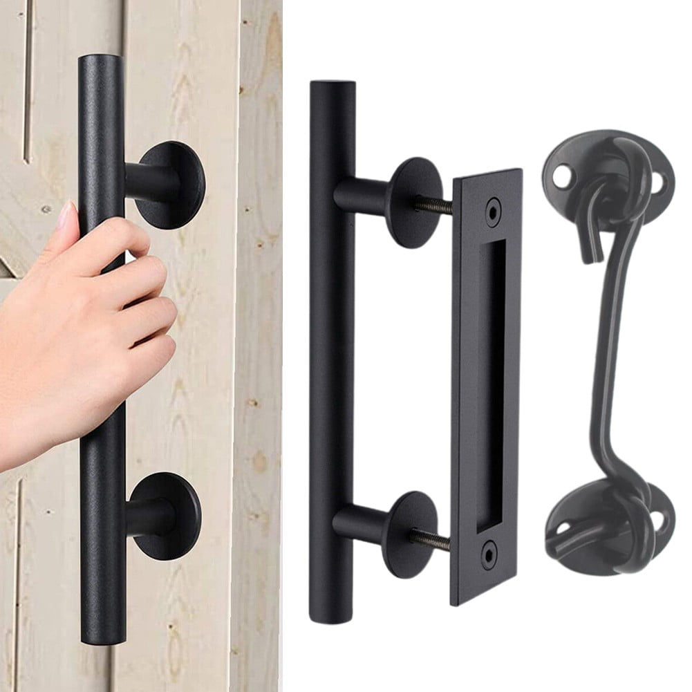 Matte Black Sliding Barn Door Hardware Set with 12 Inch Handle and Lock ...