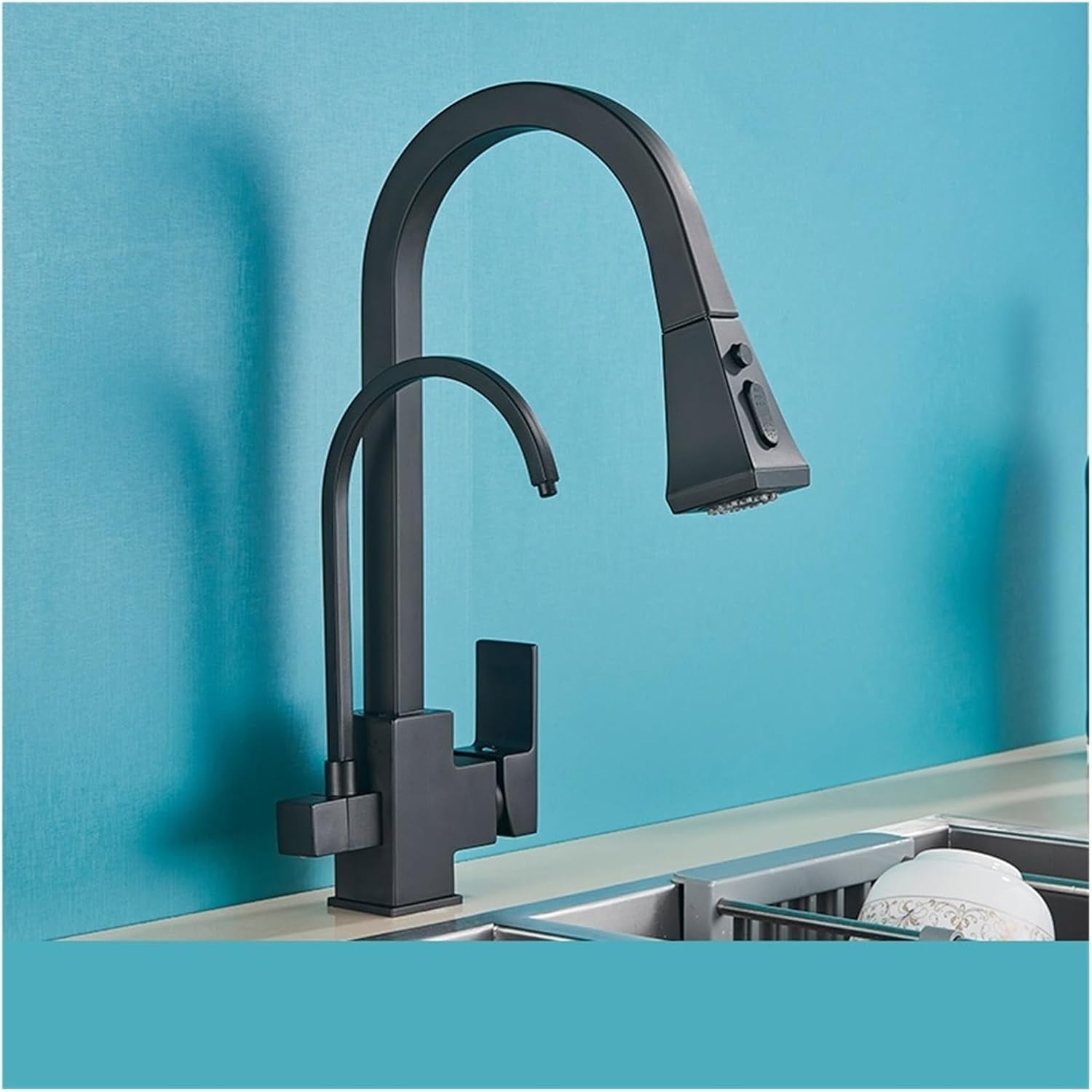 Matte Black Square Filtered Kitchen Faucet Pull Out 360 Rotation Hot ...