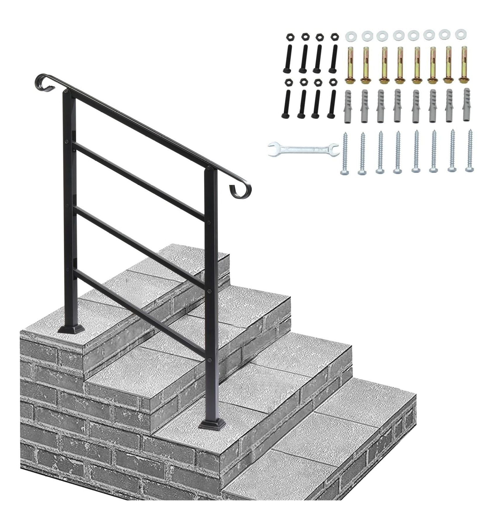 Matte Black Stair Handrail - Adjustable Outdoor Railing for 1-3 Steps ...