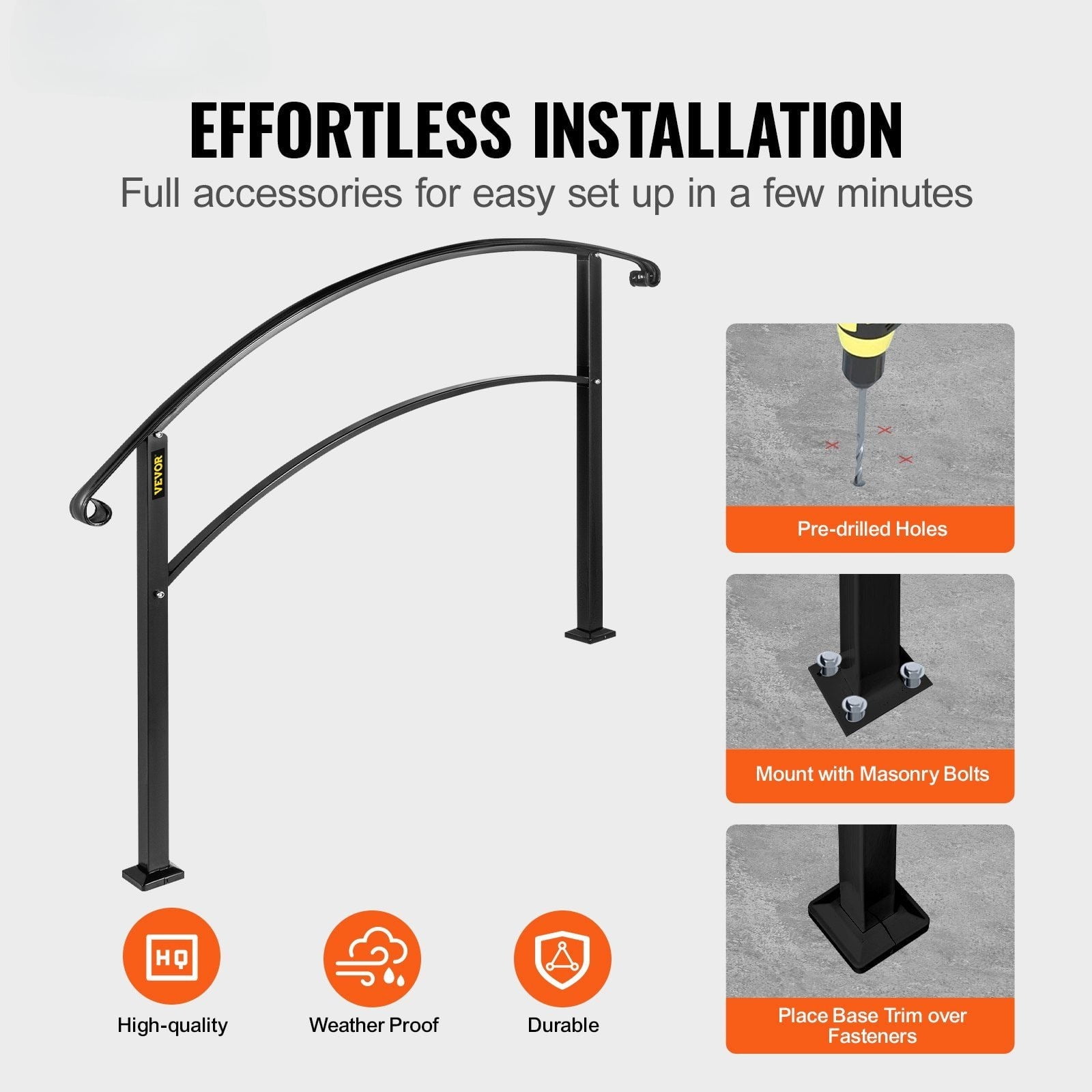 Matte Black Step Handrail with Mounting Hardware | Sturdy Wrought Iron ...