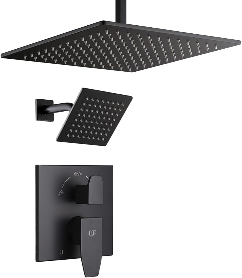 Matte Black Tandem Shower Faucet Set with 12 Inch Ceiling Mount ...