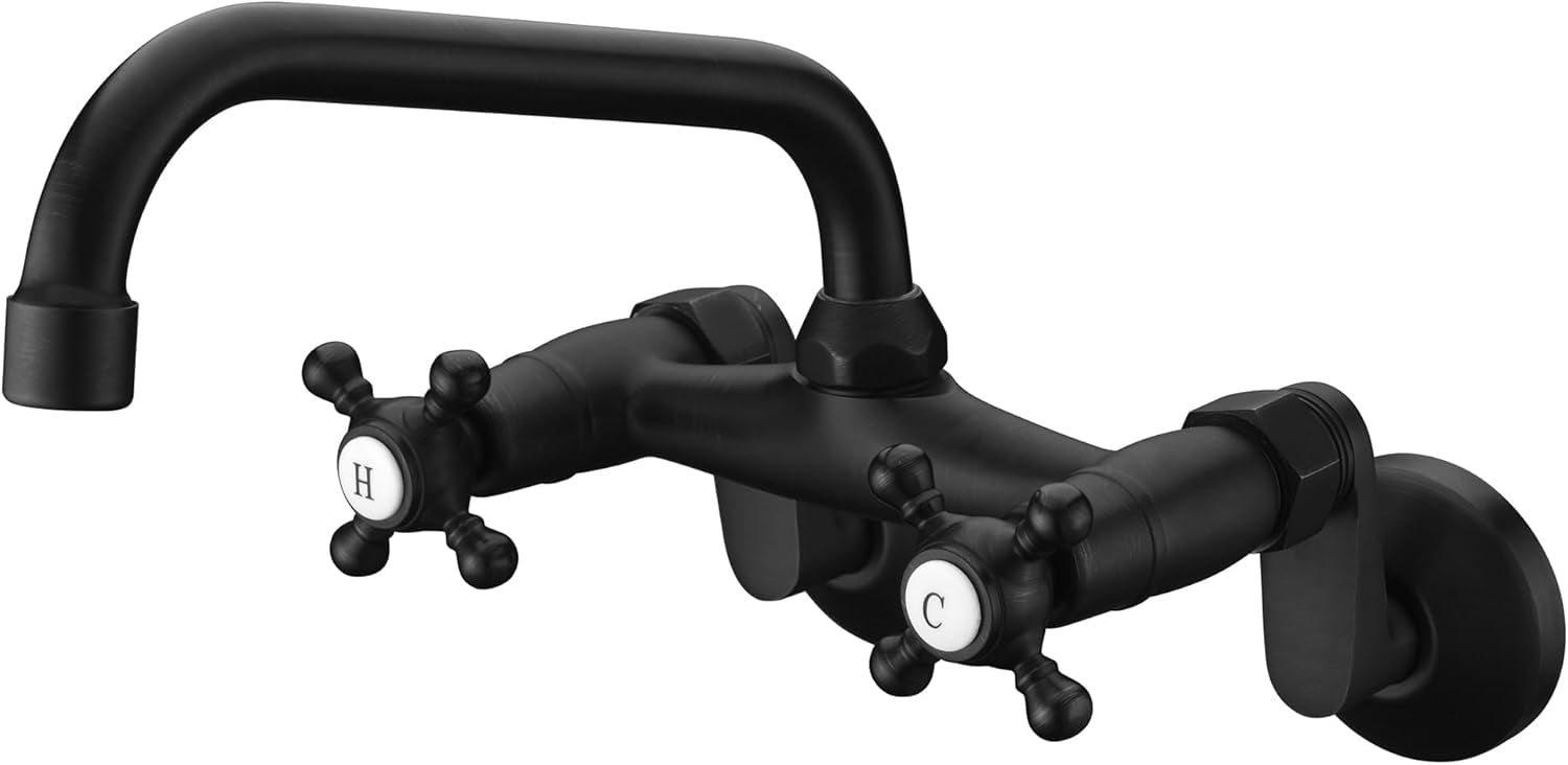 Matte Black Traditional Wall Mount Kitchen Sink Faucet with Dual Handle ...