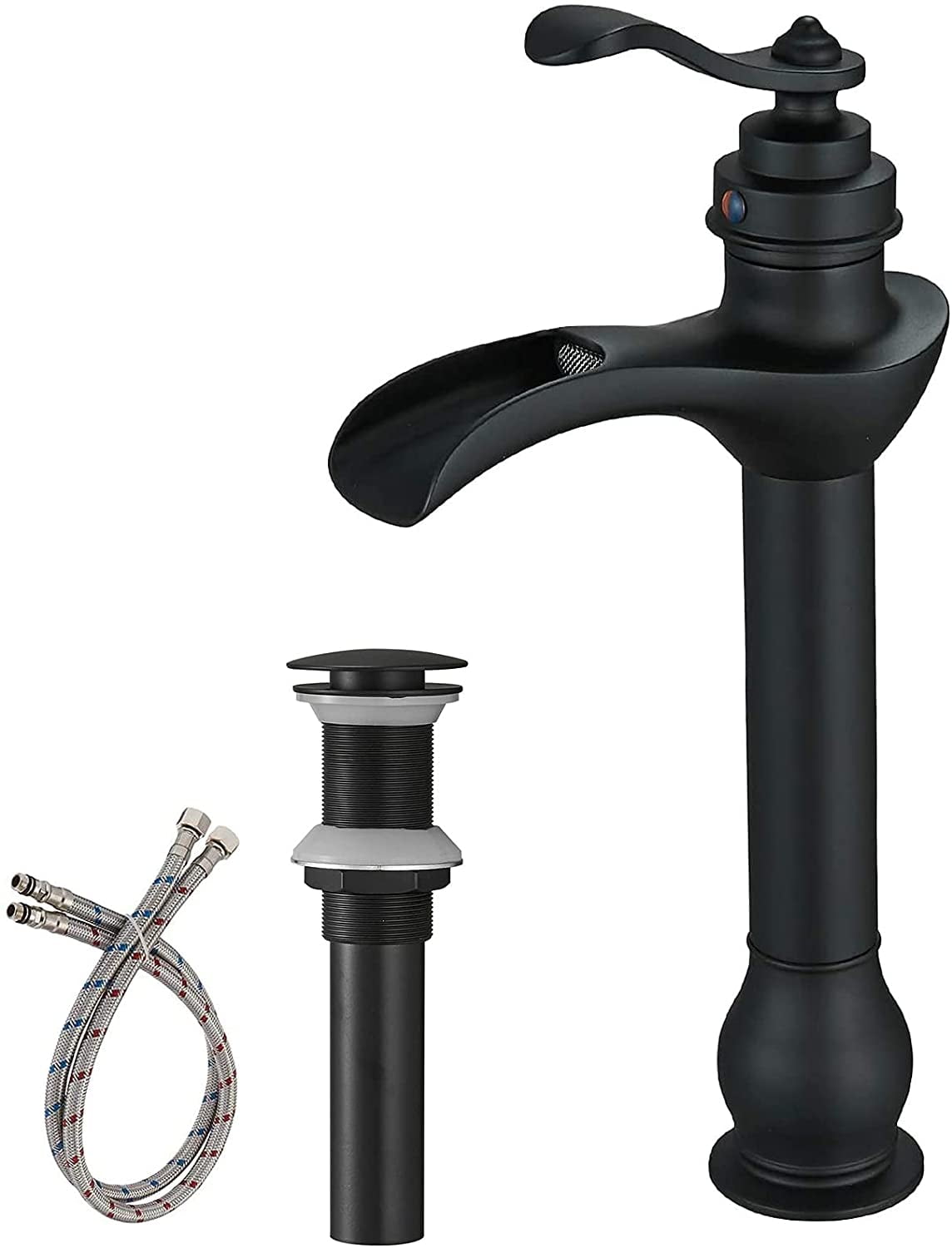 Matte Black Vessel Sink Faucet Waterfall Single Hole Handle with Pop Up ...