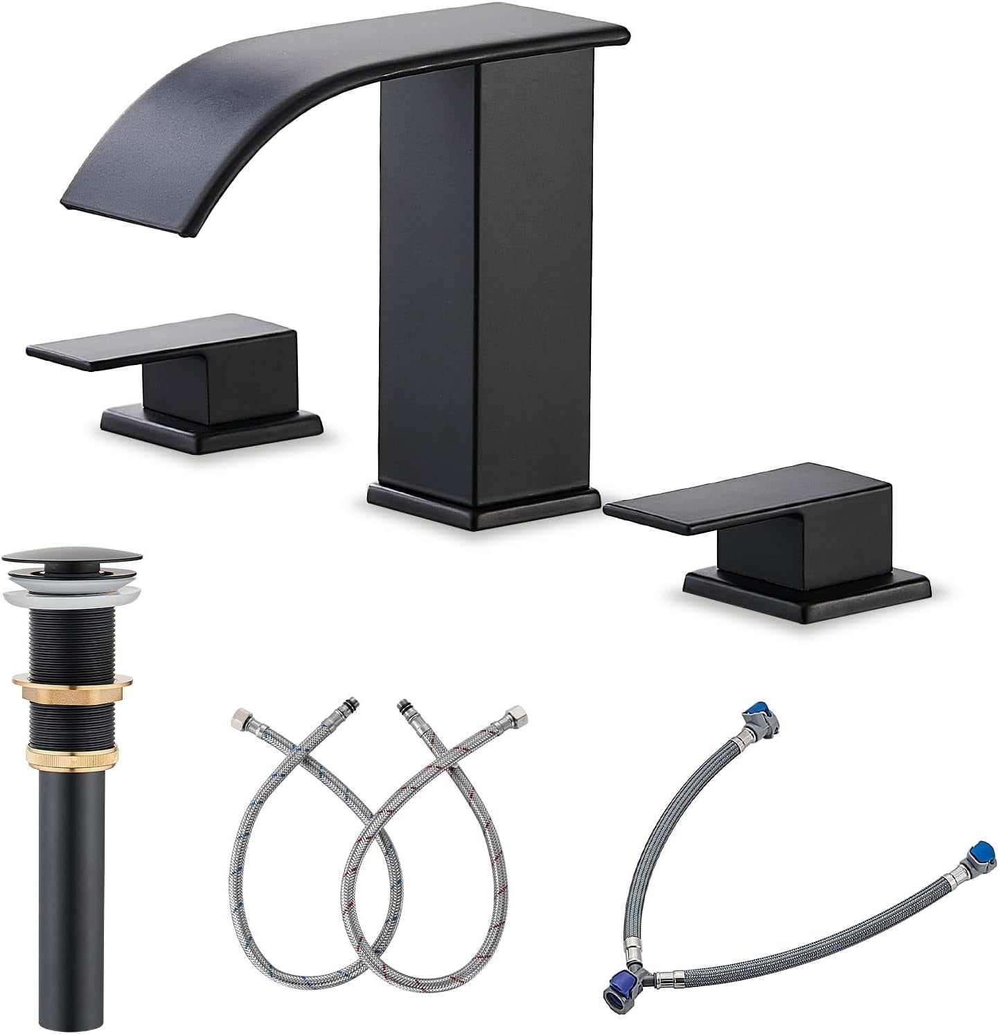 Matte Black Waterfall Bathroom Faucet 3 Hole, 8 Inch Widespread Modern ...