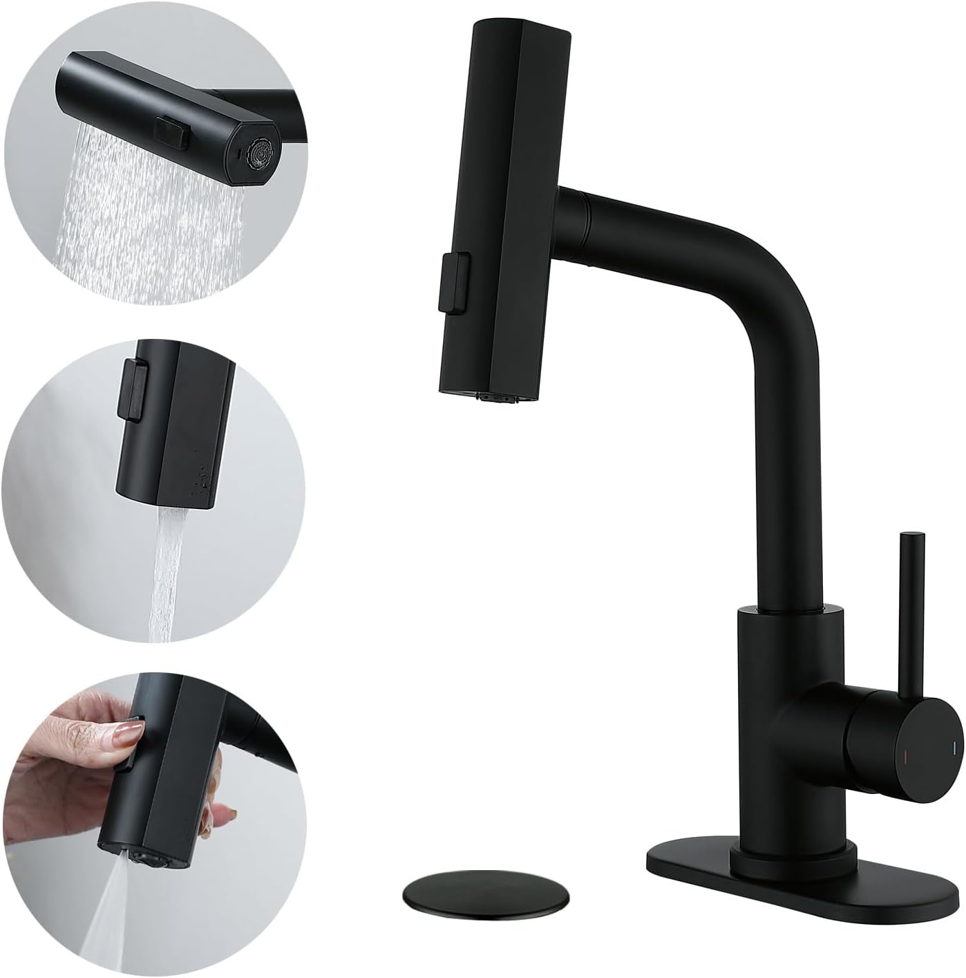 Matte Black Waterfall Bathroom Faucet with 3 Mode Pull Out Rotary ...