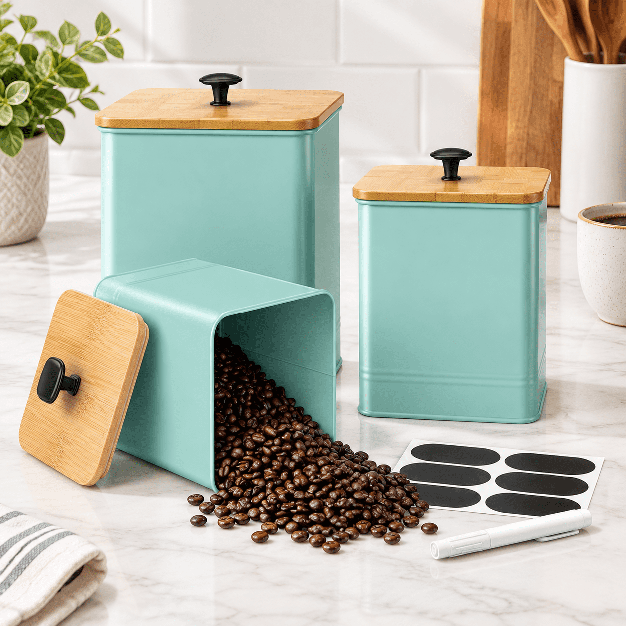 Matte Blue 3-Piece Metal Food Storage Canister Set with Airtight Lids ...