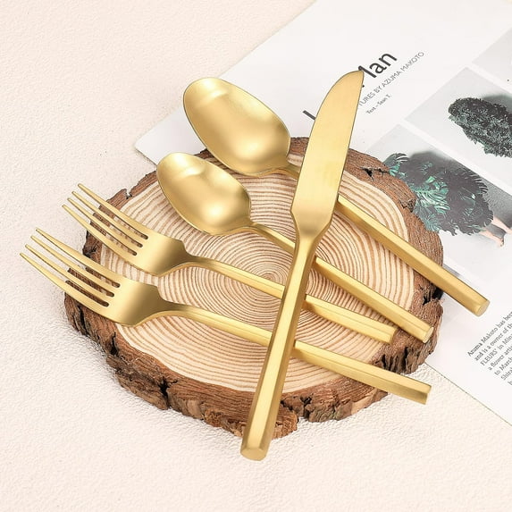 Matte Gold Flatware Set with Hexagon Handle - 20 Pieces Stainless Steel ...