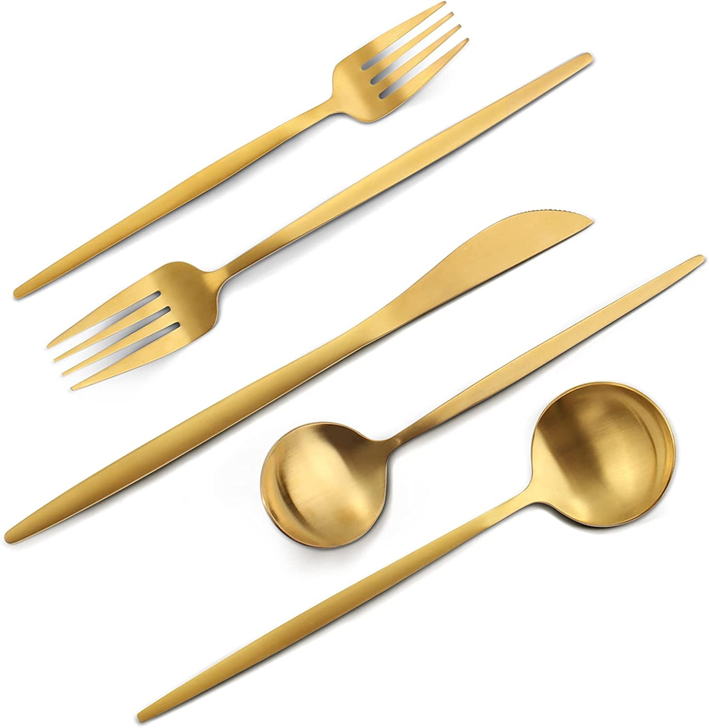 Matte Gold Serving Silverware Set, 5-Piece Round Shared Utensils Set of ...