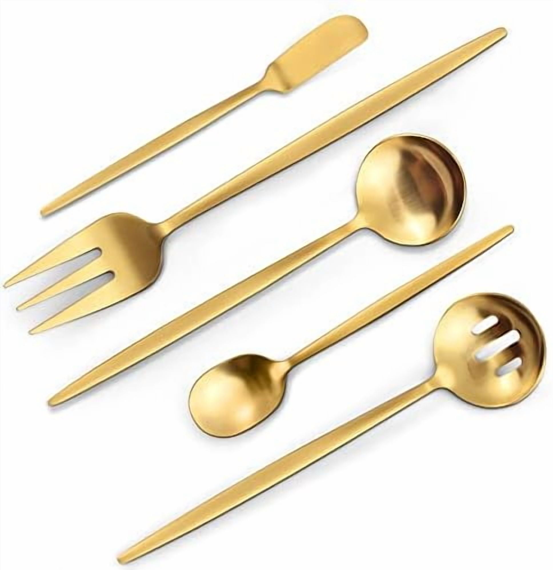 Matte Gold Serving Silverware Set, 5-Piece Round Shared Utensils Set of ...