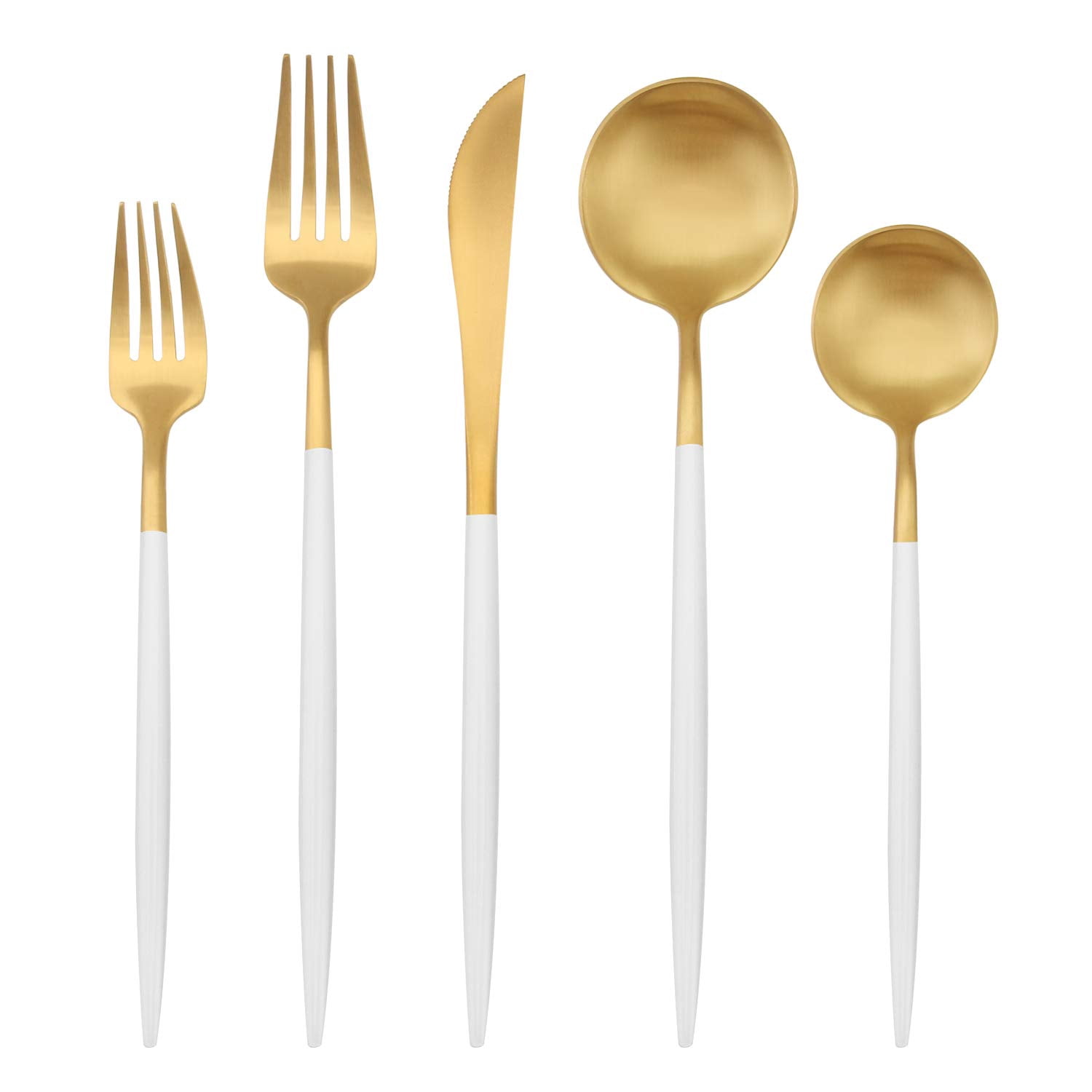 Matte Gold Silverware Set With White Handle, 5-Piece Stainless Steel ...