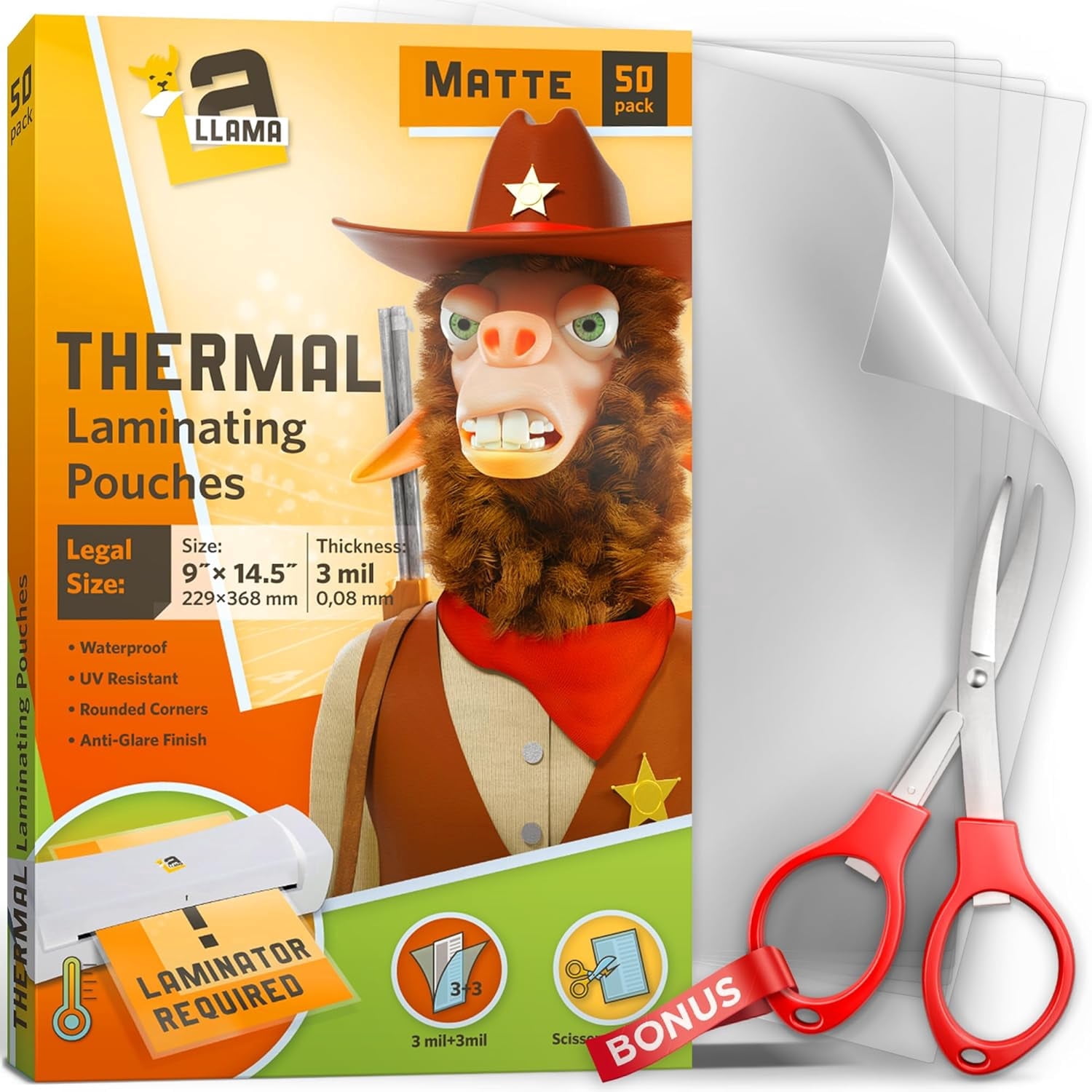 Matte Laminating Sheets 9” x 14.5”, 3 Mil Thick, 50 Pack, Legal Size ...