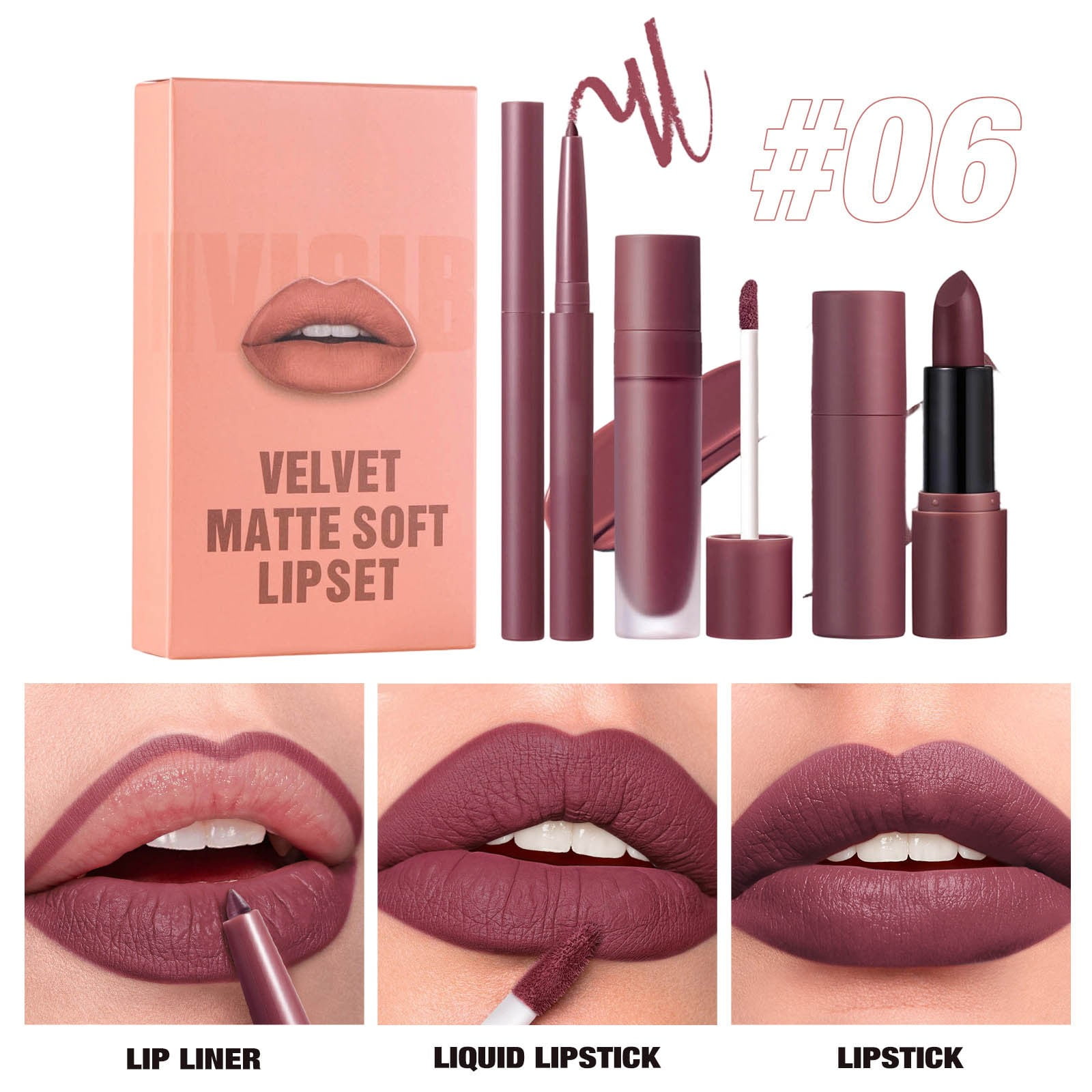 Matte Lipstick Set Waterproof Long Lasting Lip Gloss Lip Liner 3-in-1 ...
