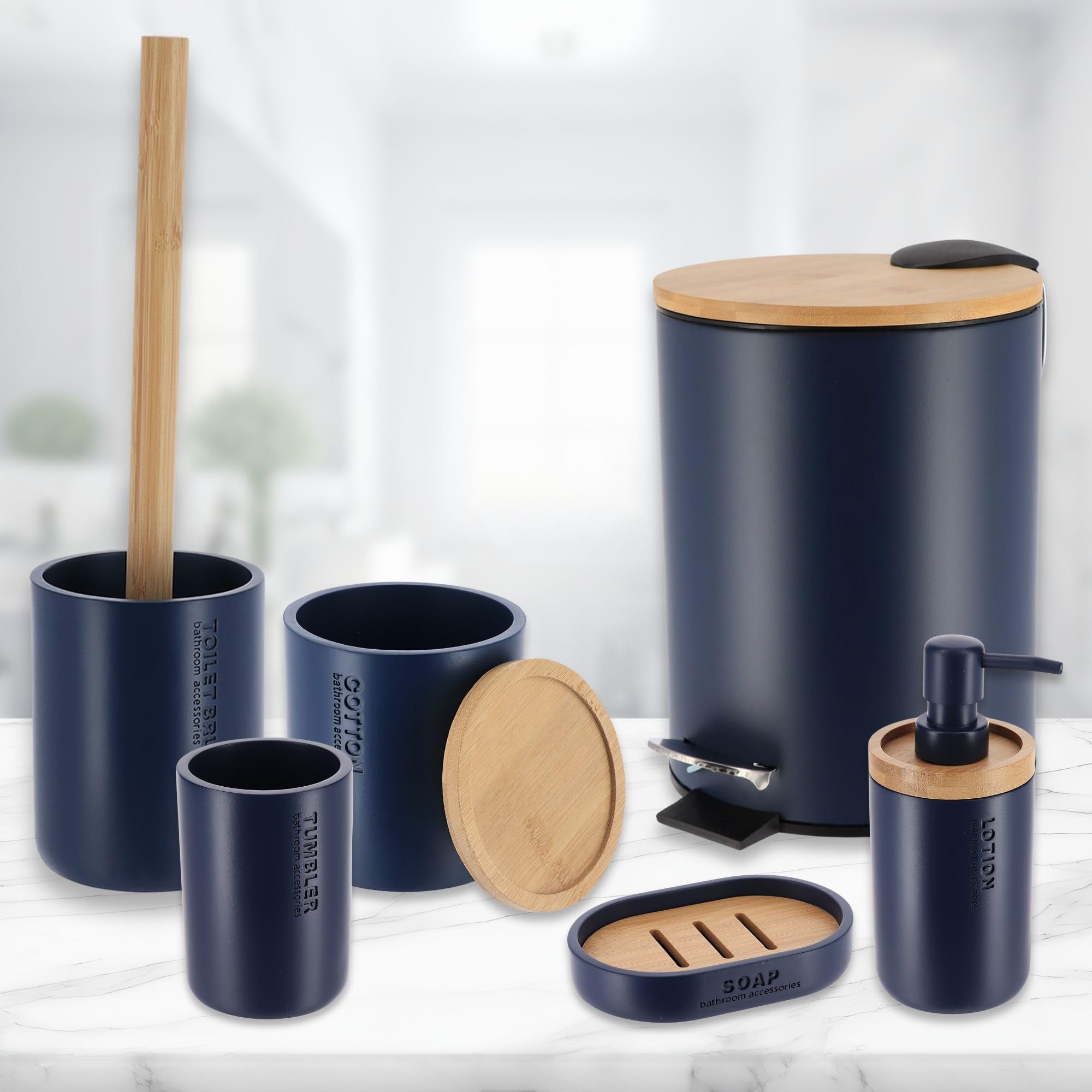 Navy Blue Bathroom Accessories with Natural Accents, Modern 6-piece Set ...