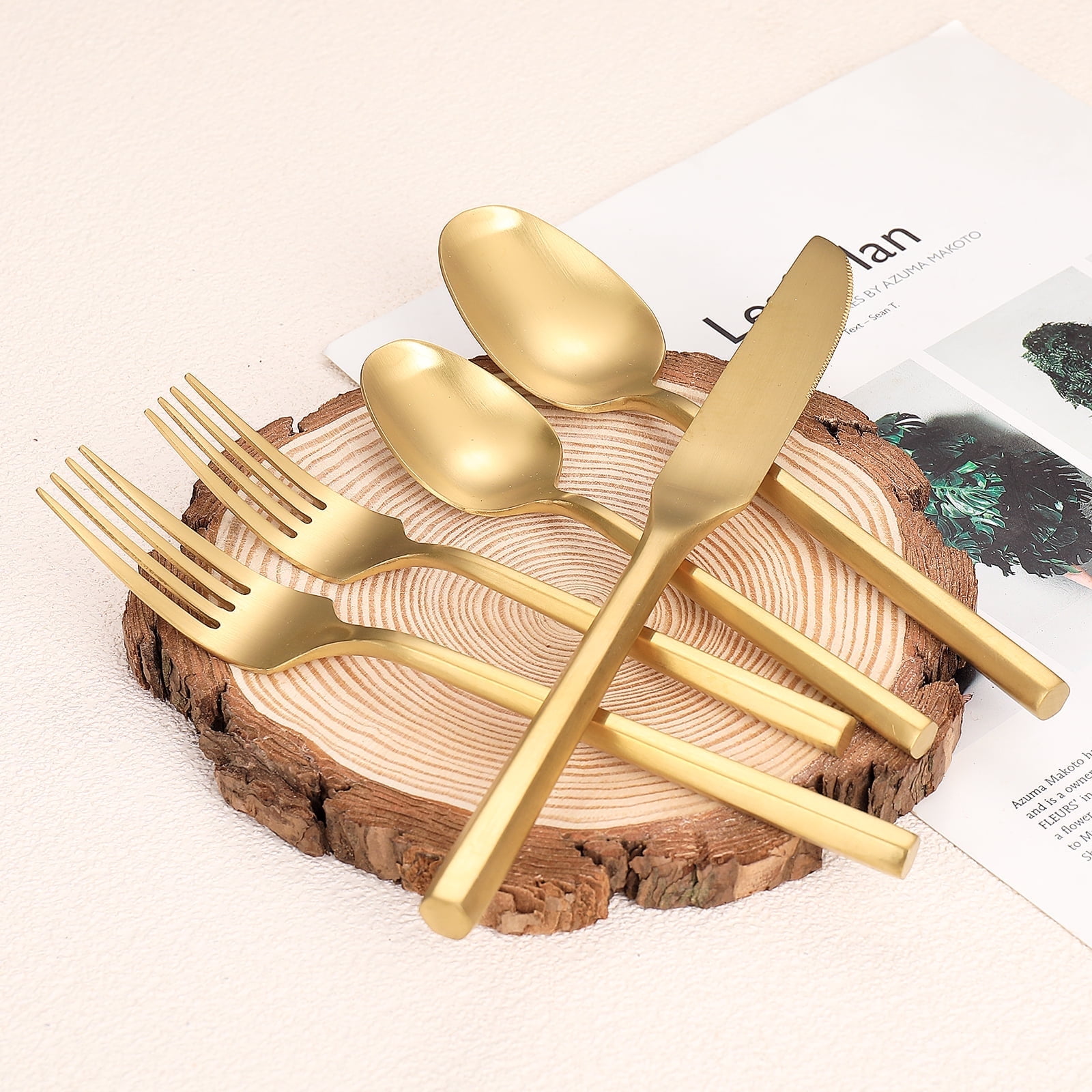 Zerophilo 20-Piece Matte Gold Flatware with Hexagon Handle, 18/0 ...