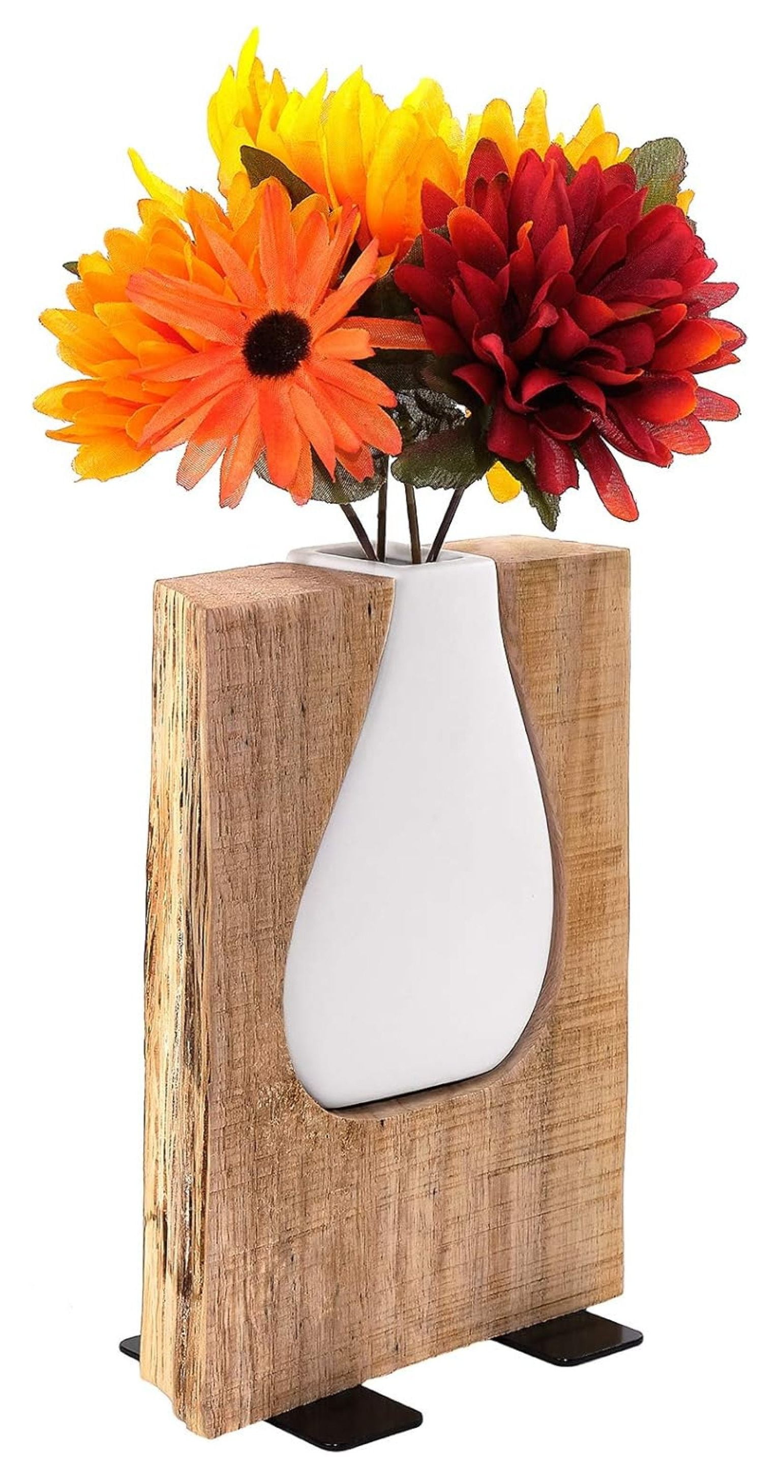 Matte White Glass and Wood Vase - Rustic Flower Vase Decorative ...