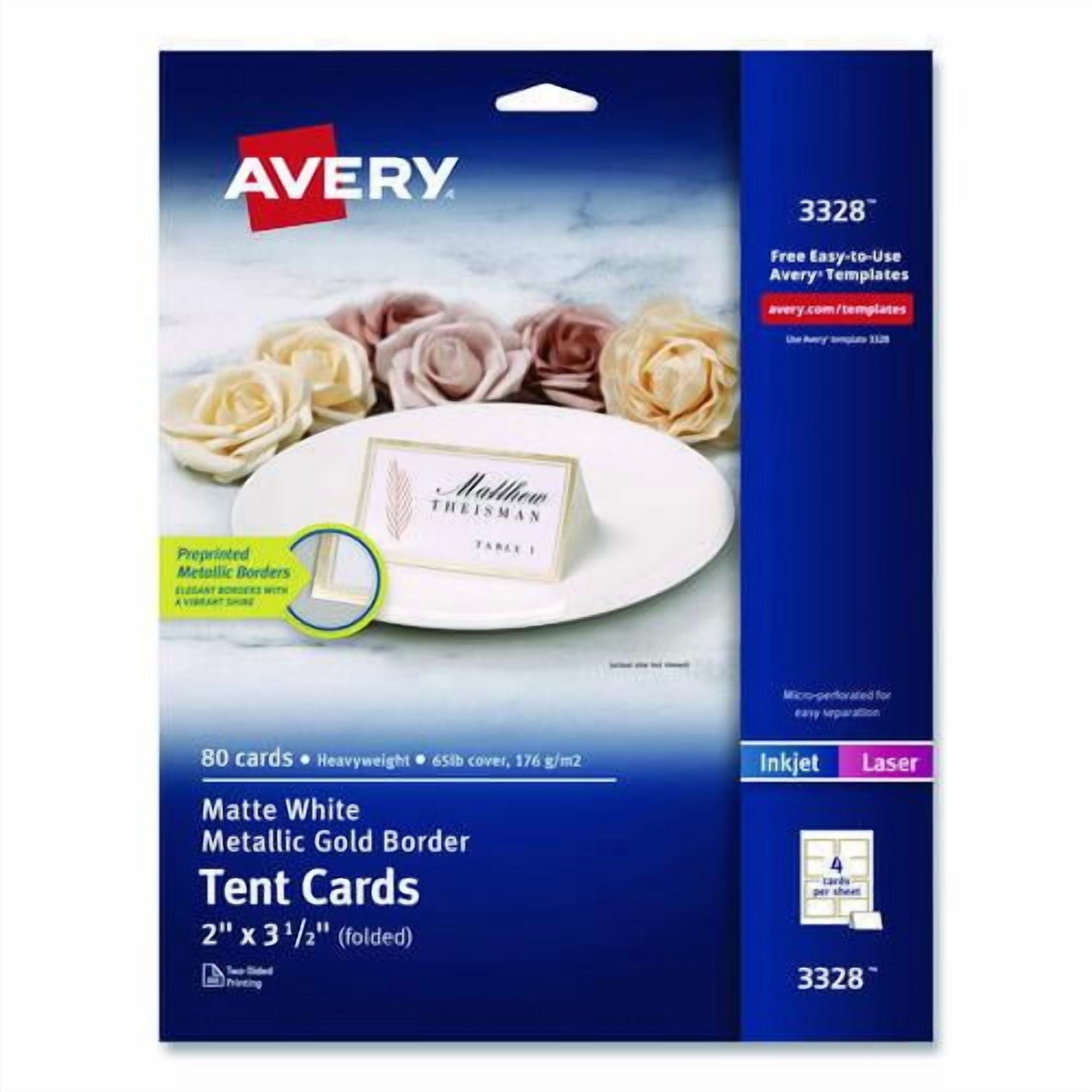 Matte White Metallic Gold Border Tent Cards, 3.5 x 2, 4 Cards/Sheet, 20 ...