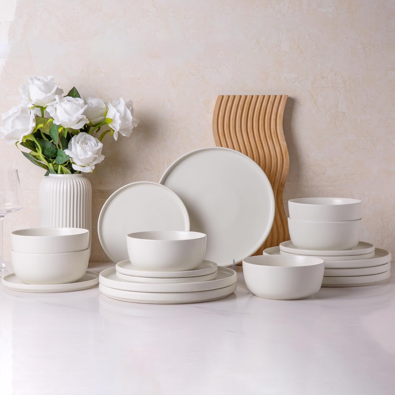 Matte White Stoneware Dinnerware Sets for 6, Reactive Ceramic Plates ...