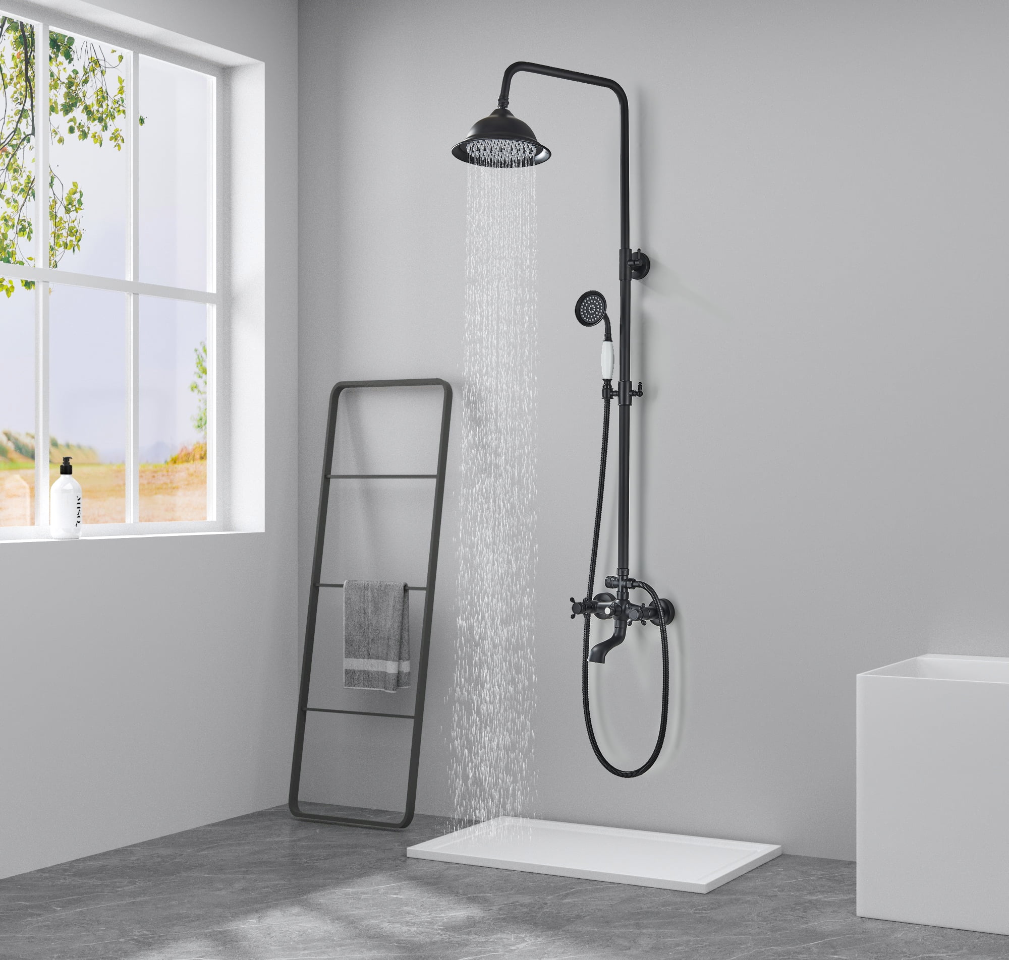 Matte Black 8 Inch Rainfall Shower Head Set with 2 Cross Knobs, Wall ...