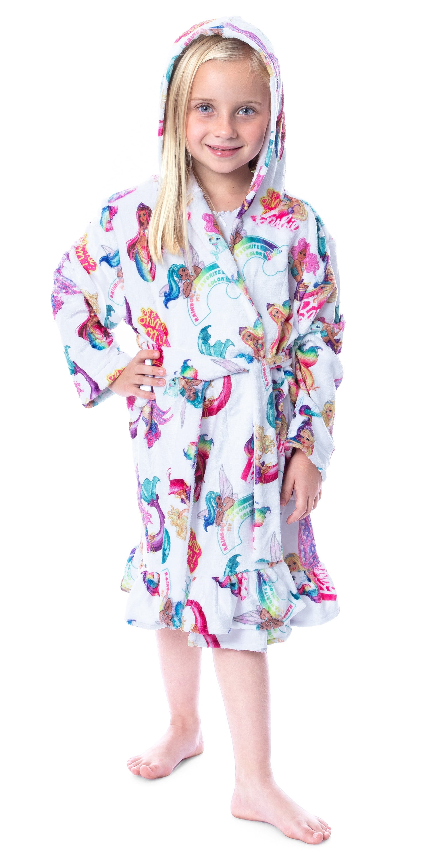 Mattel Barbie Fantasy Mermaid Fairy Unicorn Kids Bathrobe with Ruffled ...