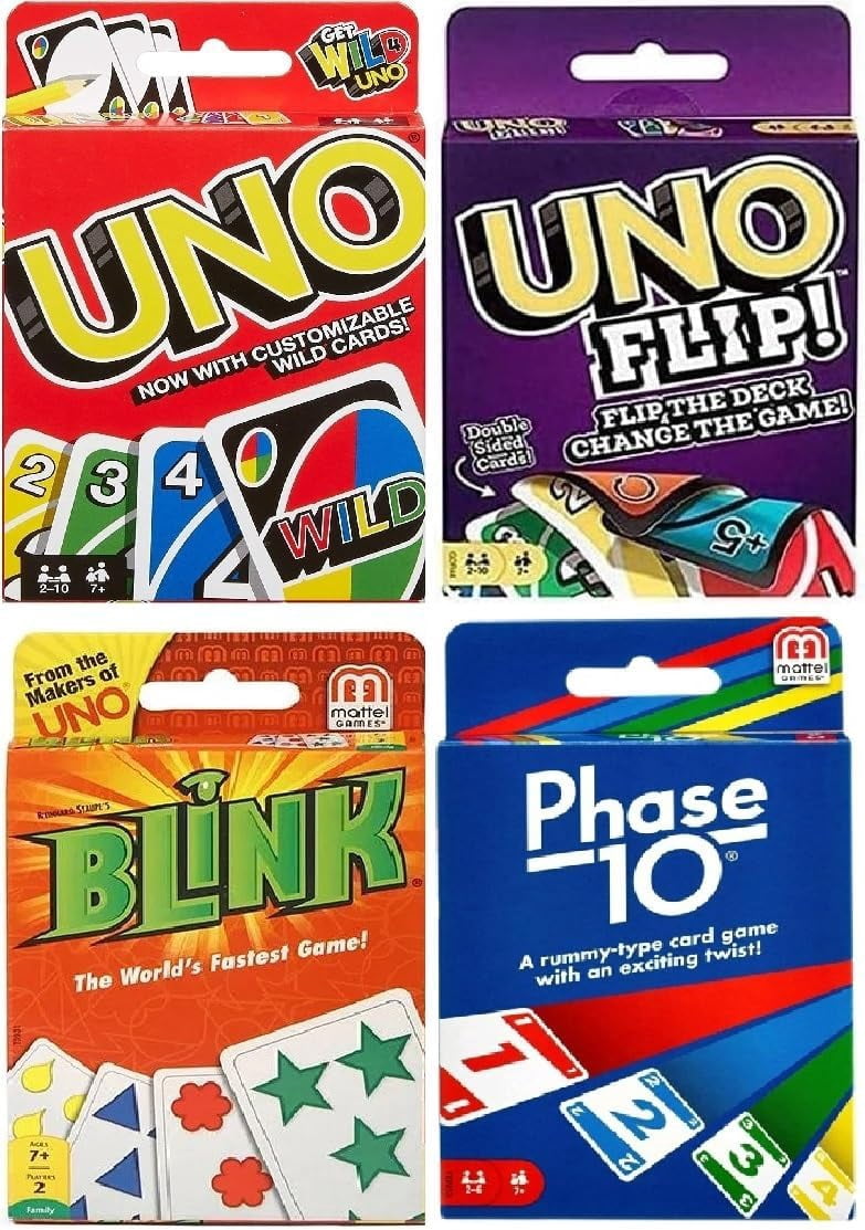 Mattel Uno, Flip, Blink and Phase 10 Card Game, Combo Pack of 4 ...
