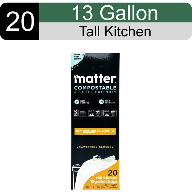 Matter Compostable 13-Gallon Drawstring Tall Kitchen Trash Bags, 20 ...