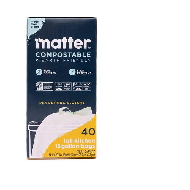 Matter Compostable 13-Gallon Drawstring Tall Kitchen Trash Waste Bags ...
