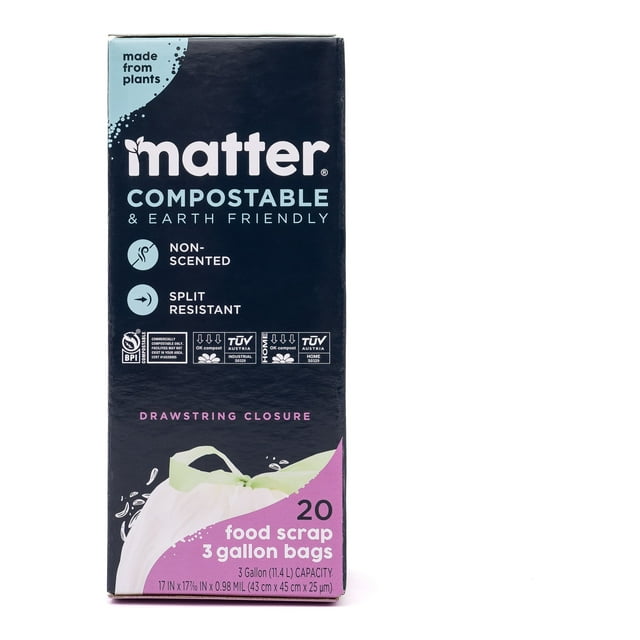 Matter Compostable 3-Gallon Drawstring Food Scrap Bags, 20 Bags ...