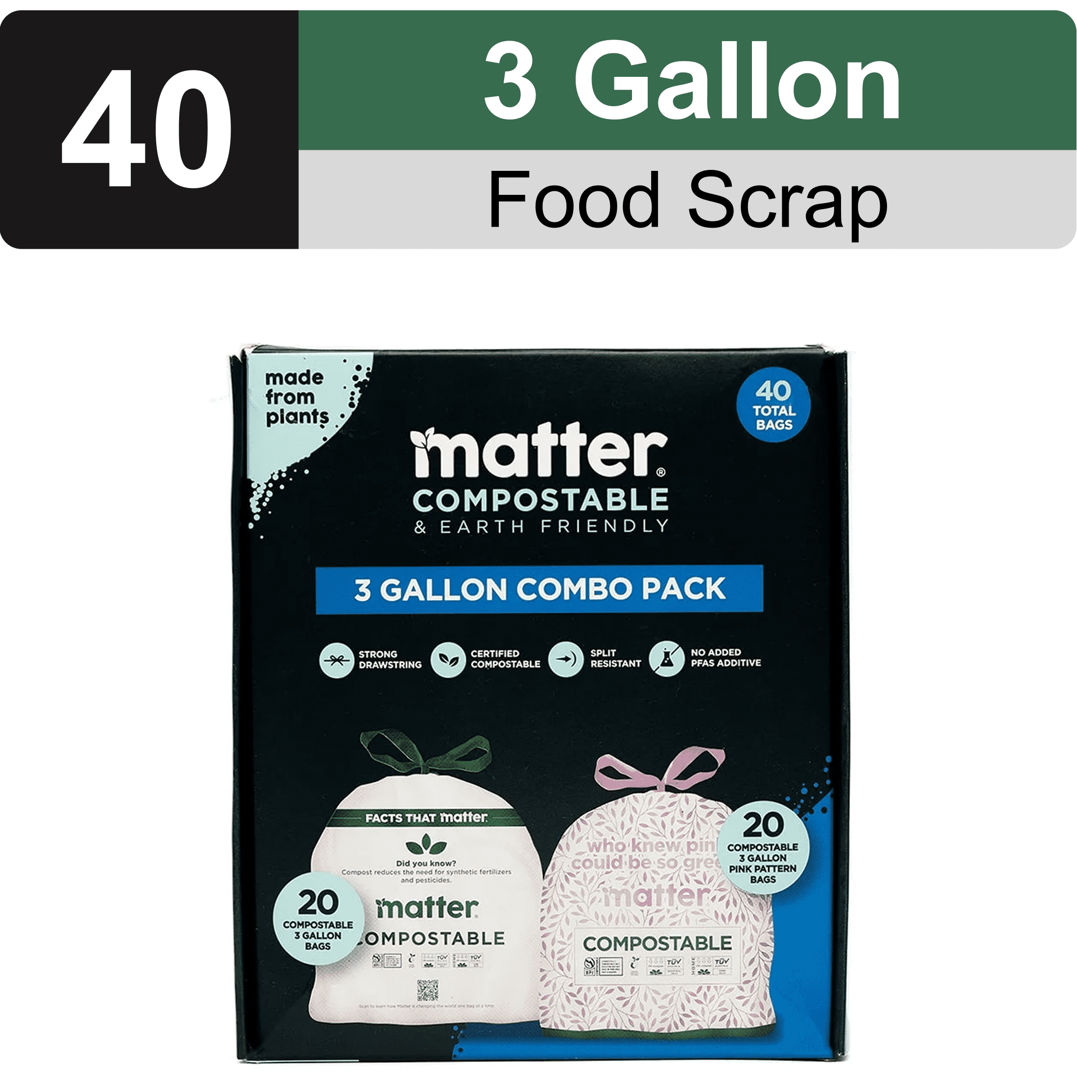 Matter Compostable 3-Gallon Drawstring Food Scrap Bags Combo Pack, 40 ...