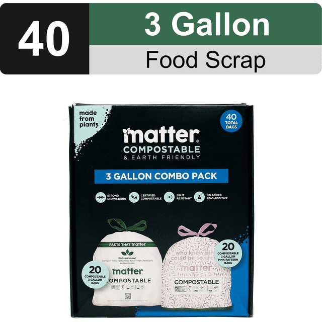 Matter Compostable 3-Gallon Drawstring Food Scrap Bags Combo Pack, 40 ...