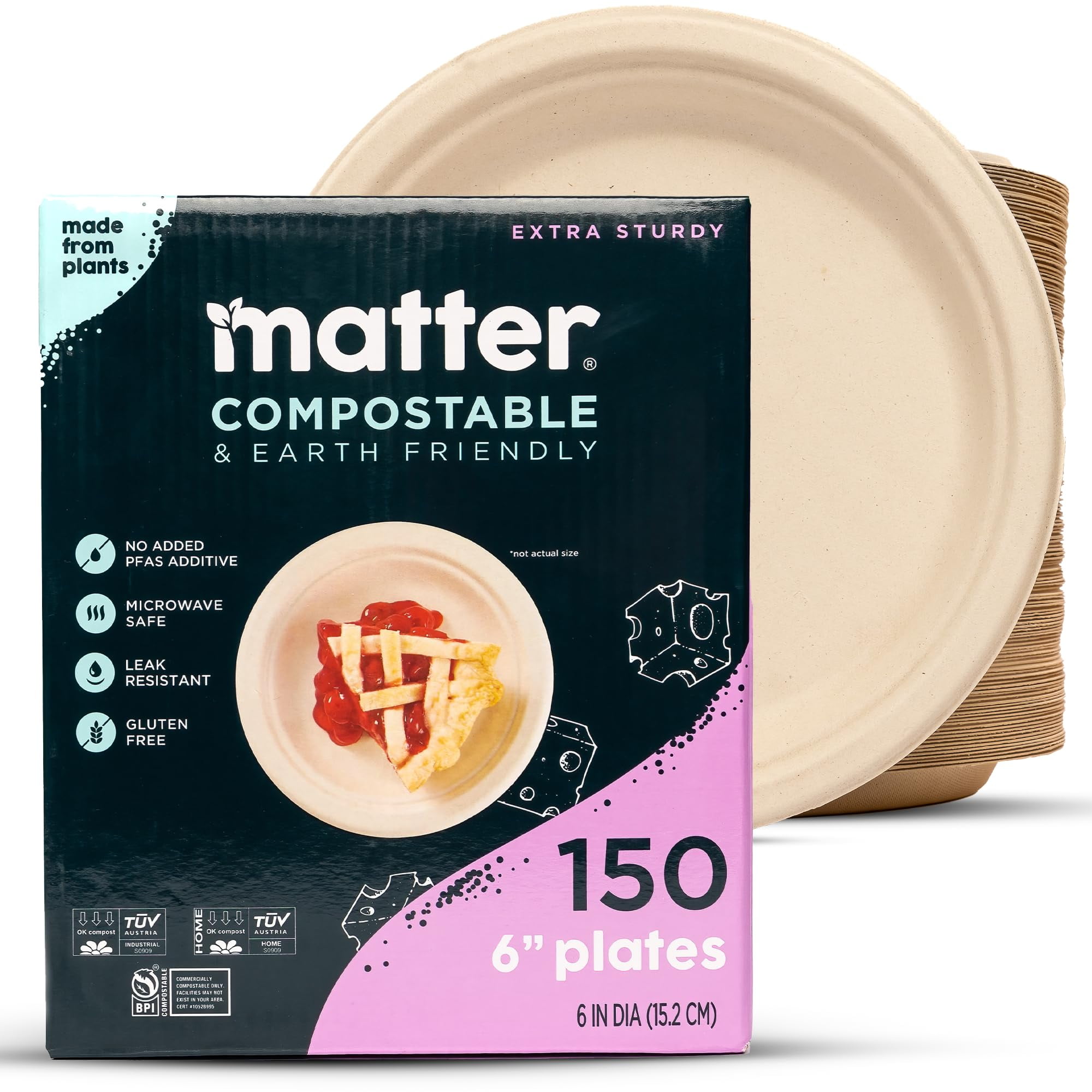 Matter Premium 6" Fiber Plates, 150 BSL1 Pack Biodegradable, Not Paper ...