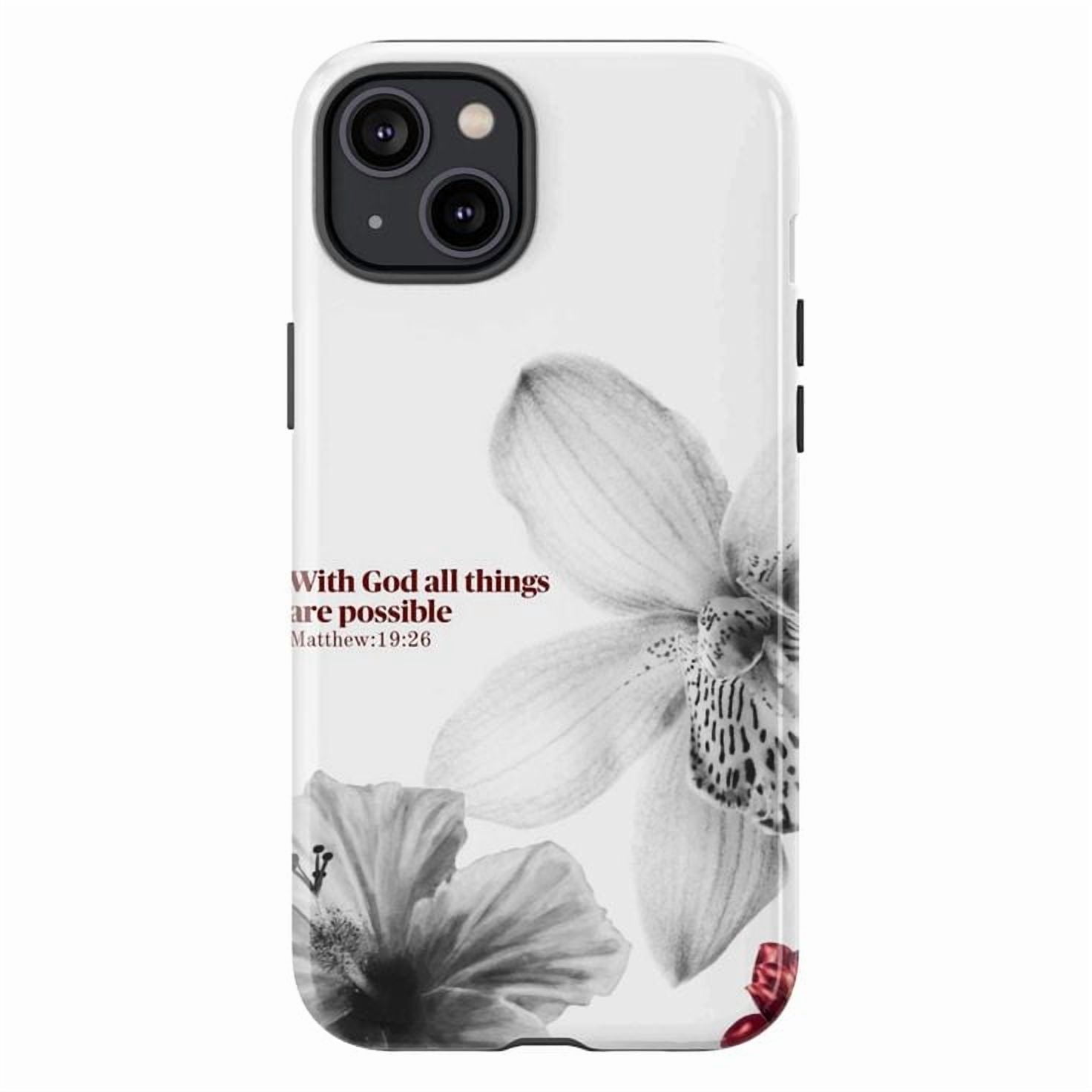 Matthew 19:26 Phone Case, Black & White Floral Christian Verse Cover ...