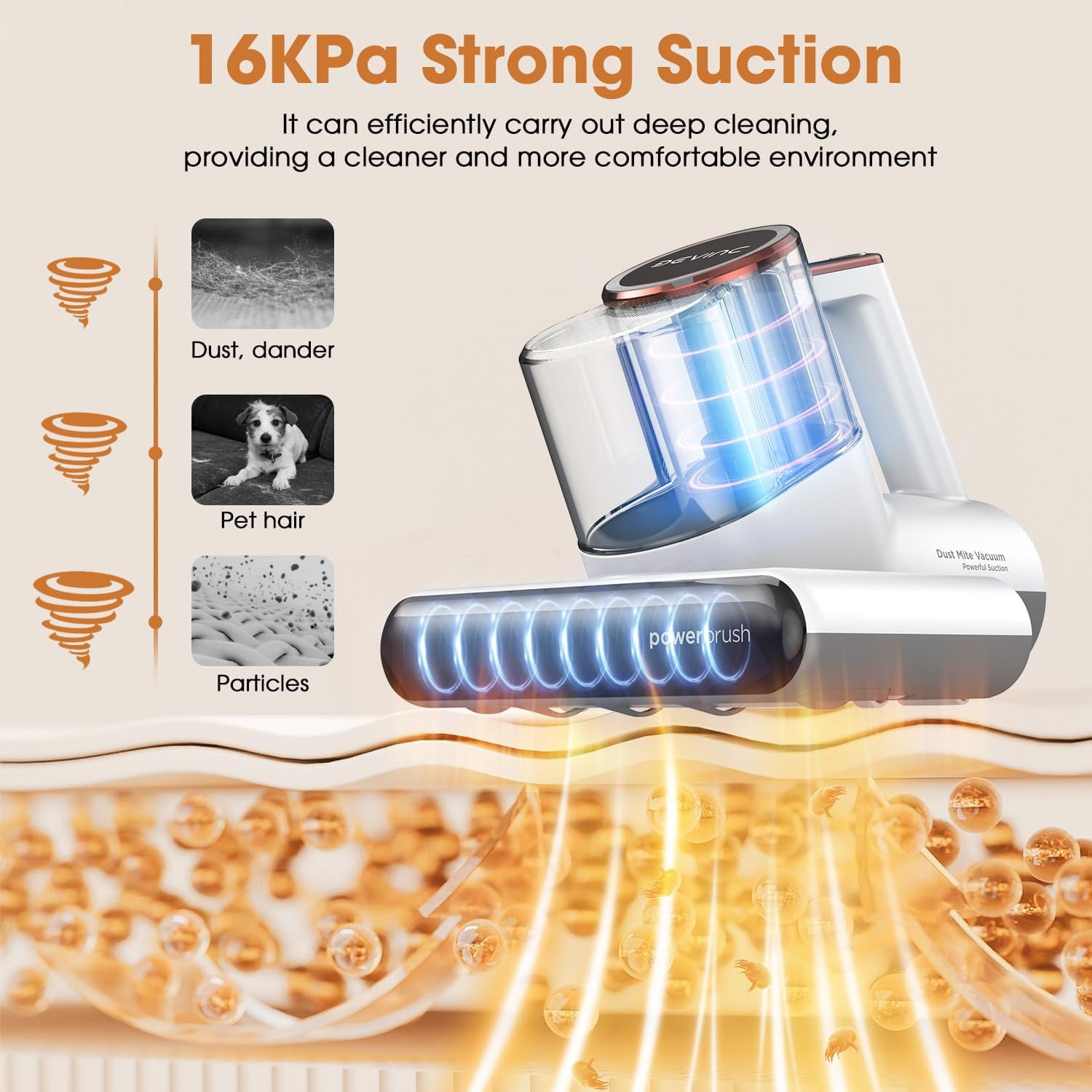 Mattress Vacuum Cleaner, 16 KPa Bed Vacuum Cleaner with 253.7nm -C Light, HEPA Filter & Heating ...