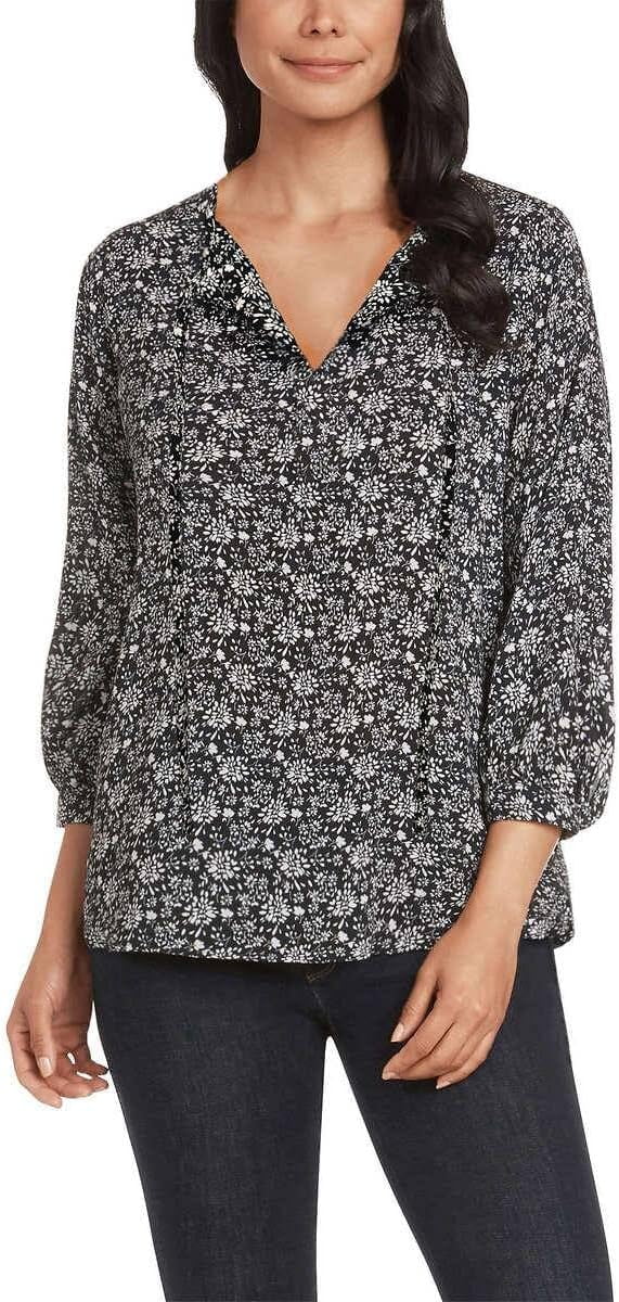 Matty M Women's 3/4 Sleeve Tie Front Top (Black Floral, Medium) - Walmart.com