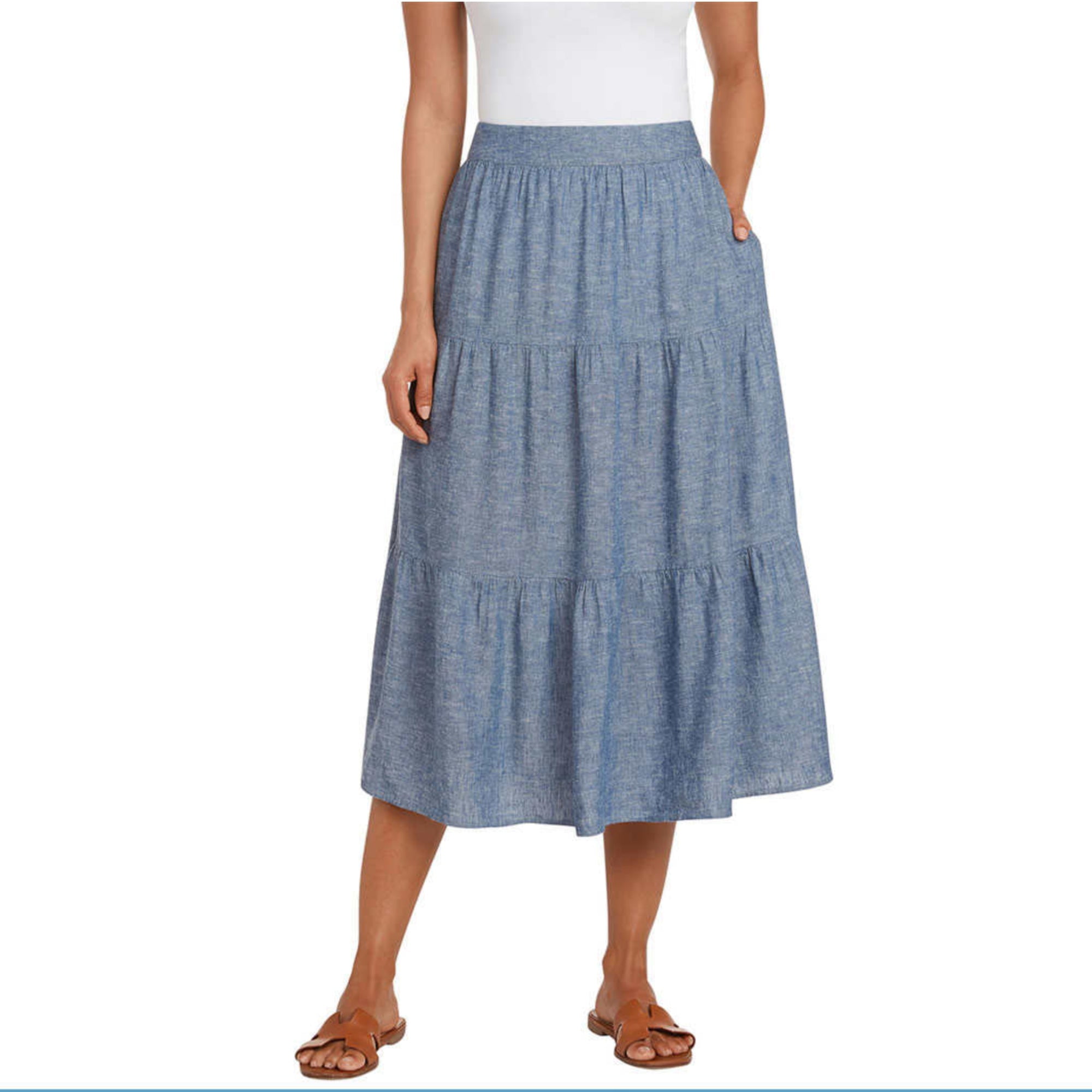 Matty M Women's Linen Blend Side Slit Pockets Tiered Midi Skirt-Blue ...