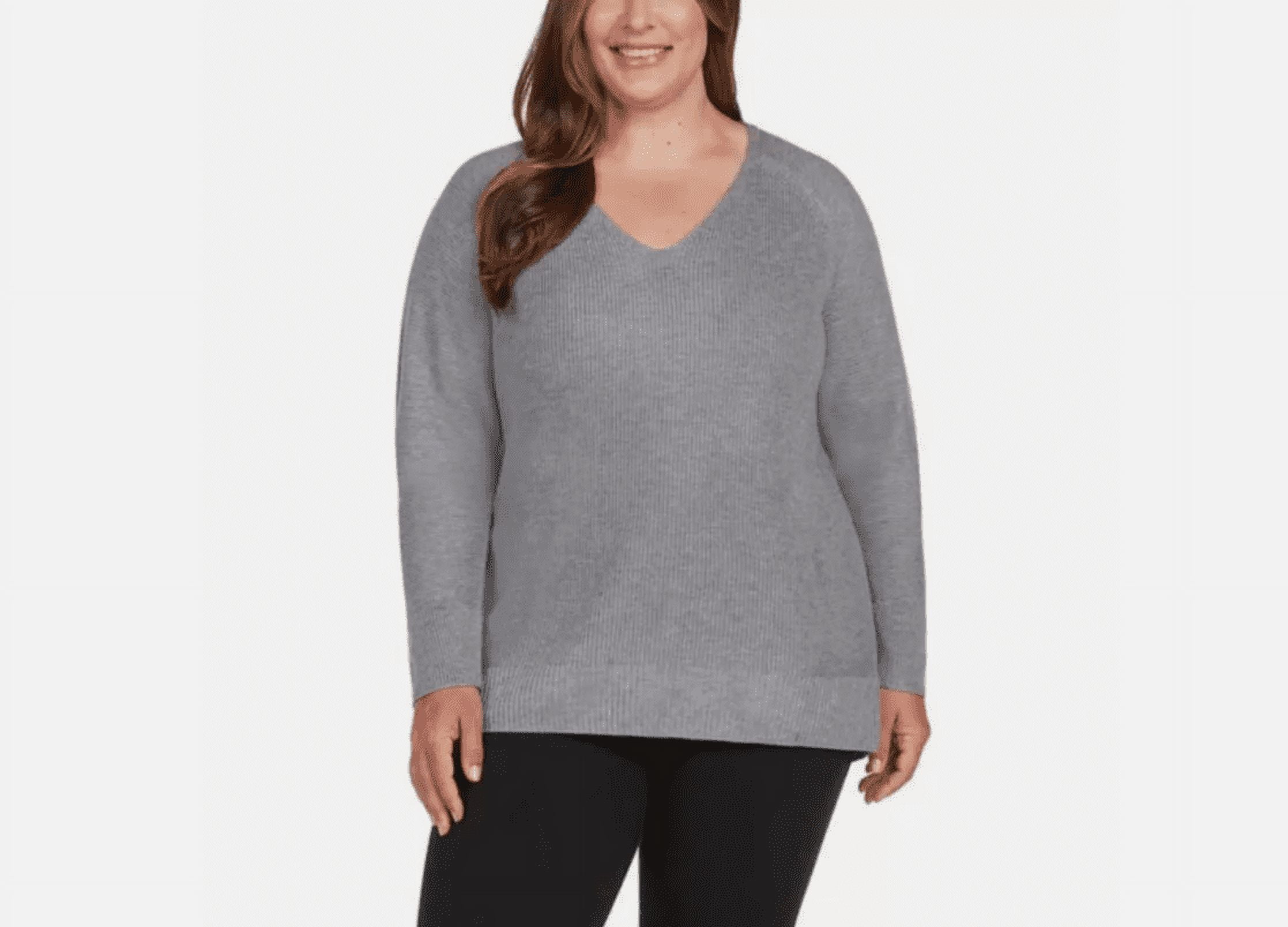 Matty M Women's Plus Relaxed Fit Ribbed Knit V-Neck Tunic Sweater Gray ...