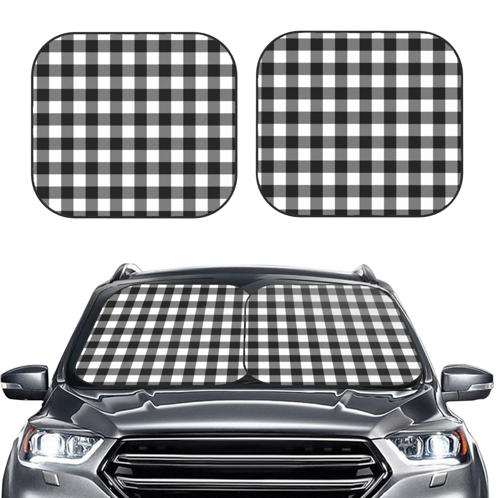 Matuu Black White Plaid Print 2 Piece Car Windshield Sun Shade Foldable ...
