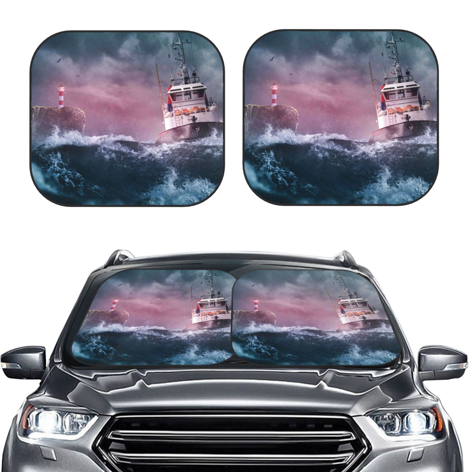 Matuu Boat Lighthouse Storm Waves 2 Piece Car Windshield Sun Shade ...