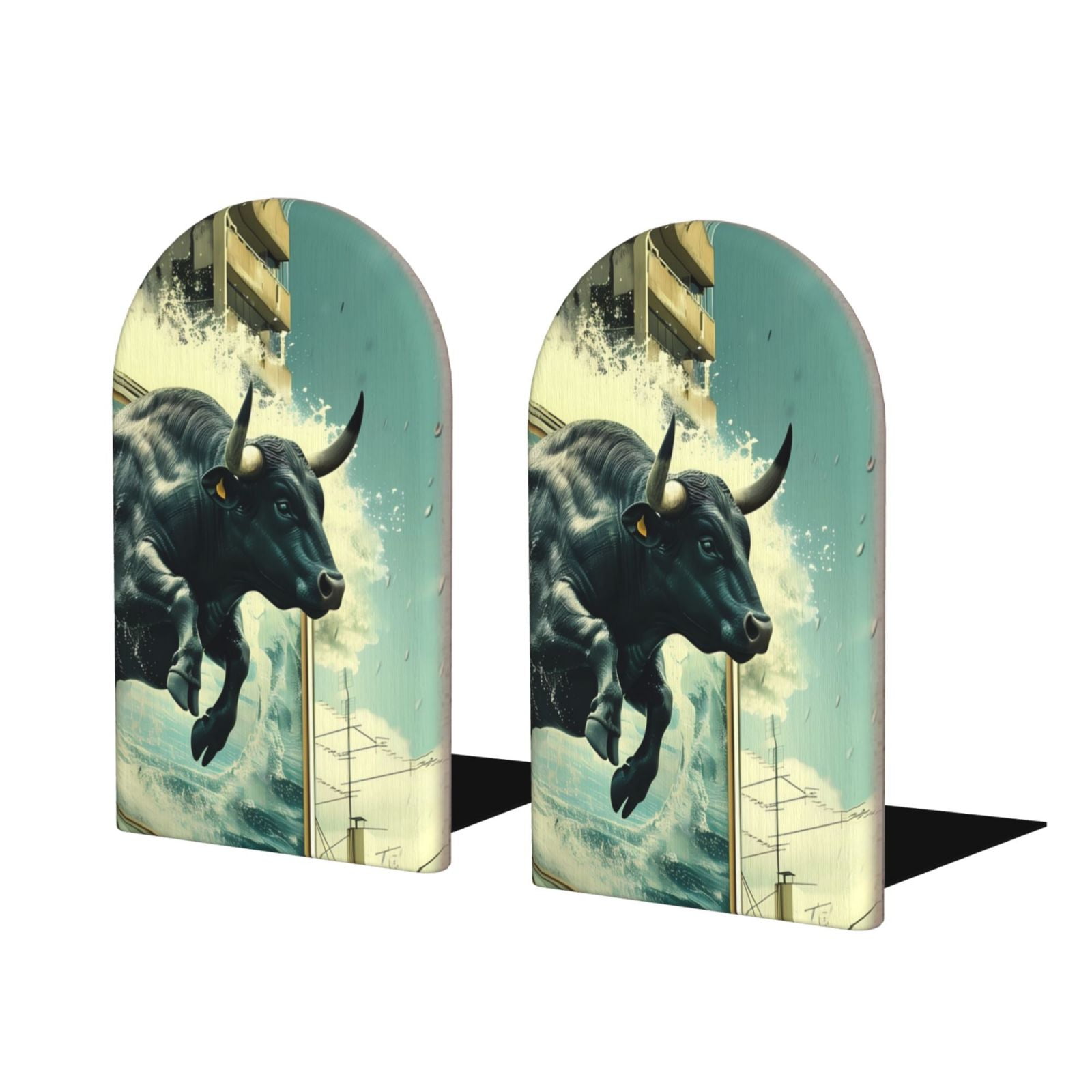 Matuu Bull Charging Through Waves for Bookends 1 Pair, Non-Skid Bookend ...