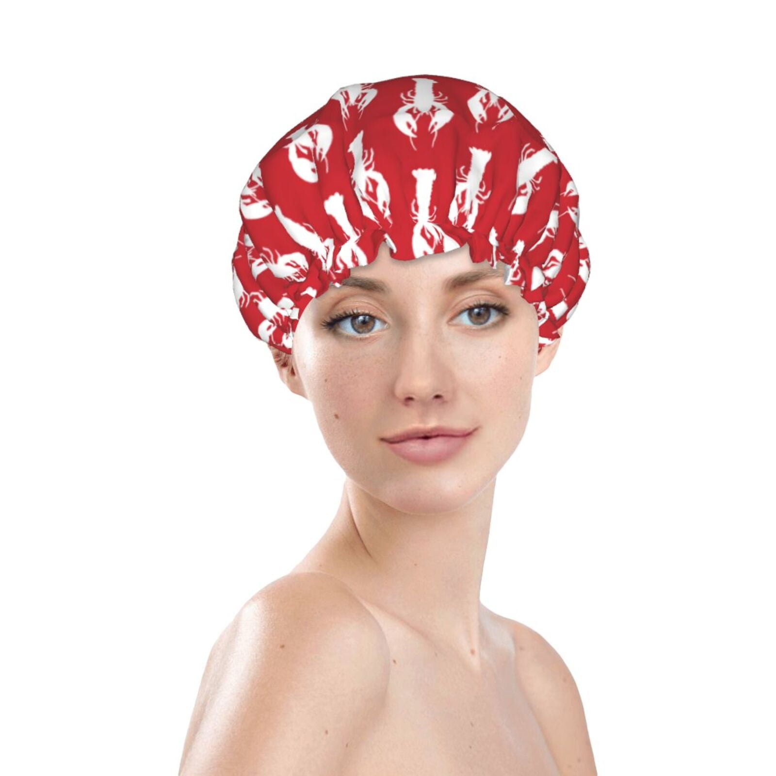 Matuu Cartoon Lobster Print Double Layer Elastic Waterproof Shower Cap
