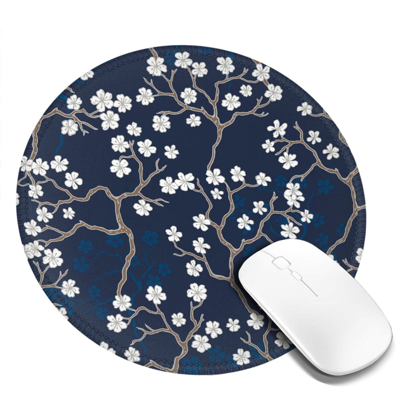 Matuu Cherry Blossoms on Navy Background Printed Round Mouse Pad, Non ...