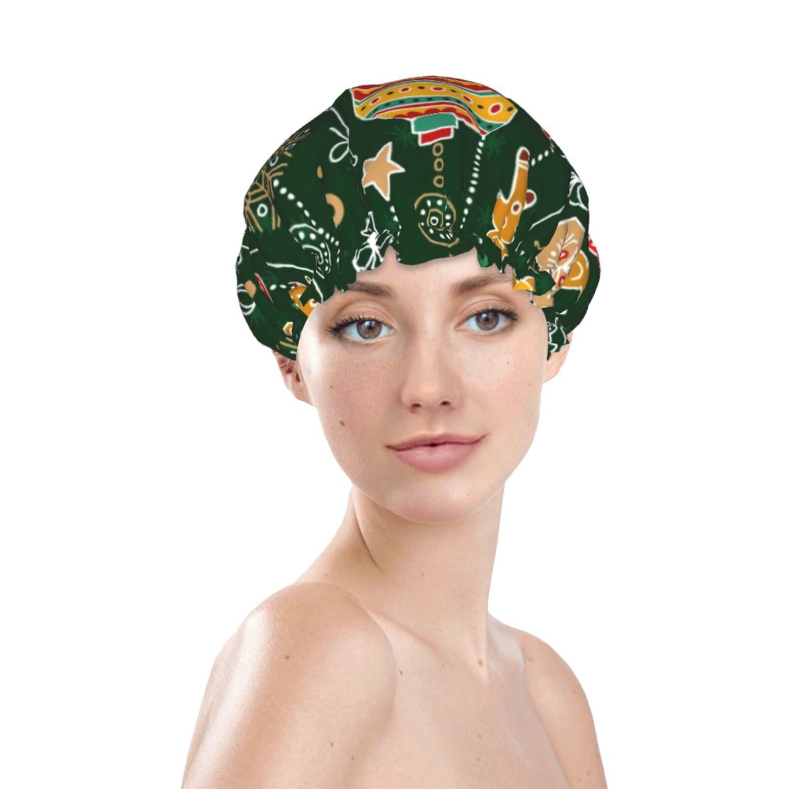 Matuu Christmas Print Double Layer Elastic Waterproof Shower Cap