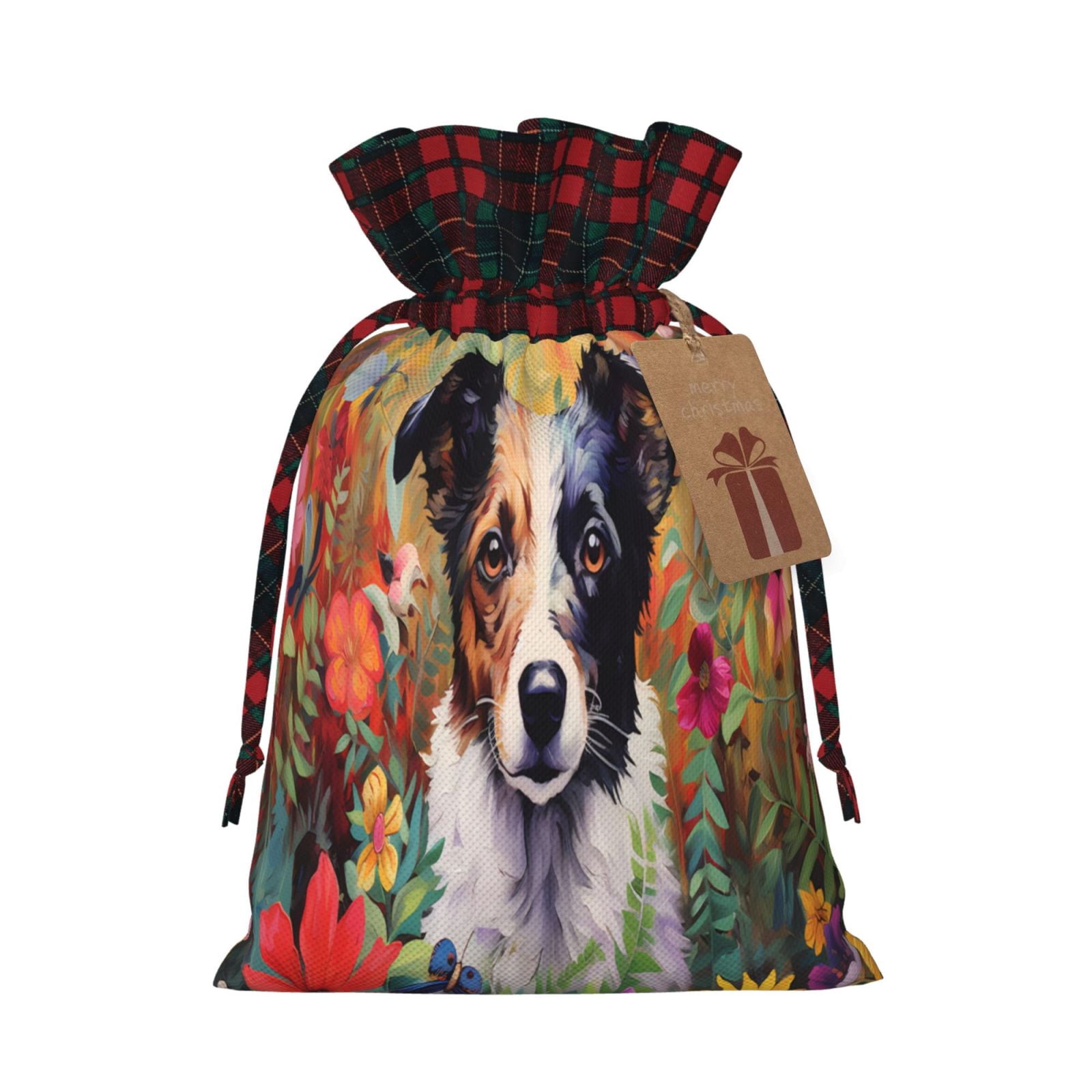 Matuu Colorful Flower Dog Print Christmas Gift Bag with Drawstring and ...