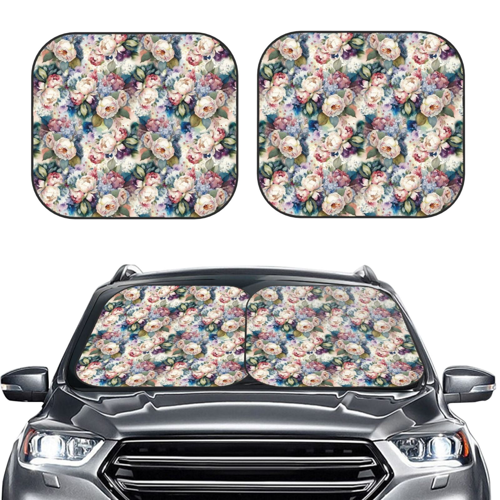 Matuu Colorful Flowers Print 2 Piece Car Windshield Sun Shade Foldable ...