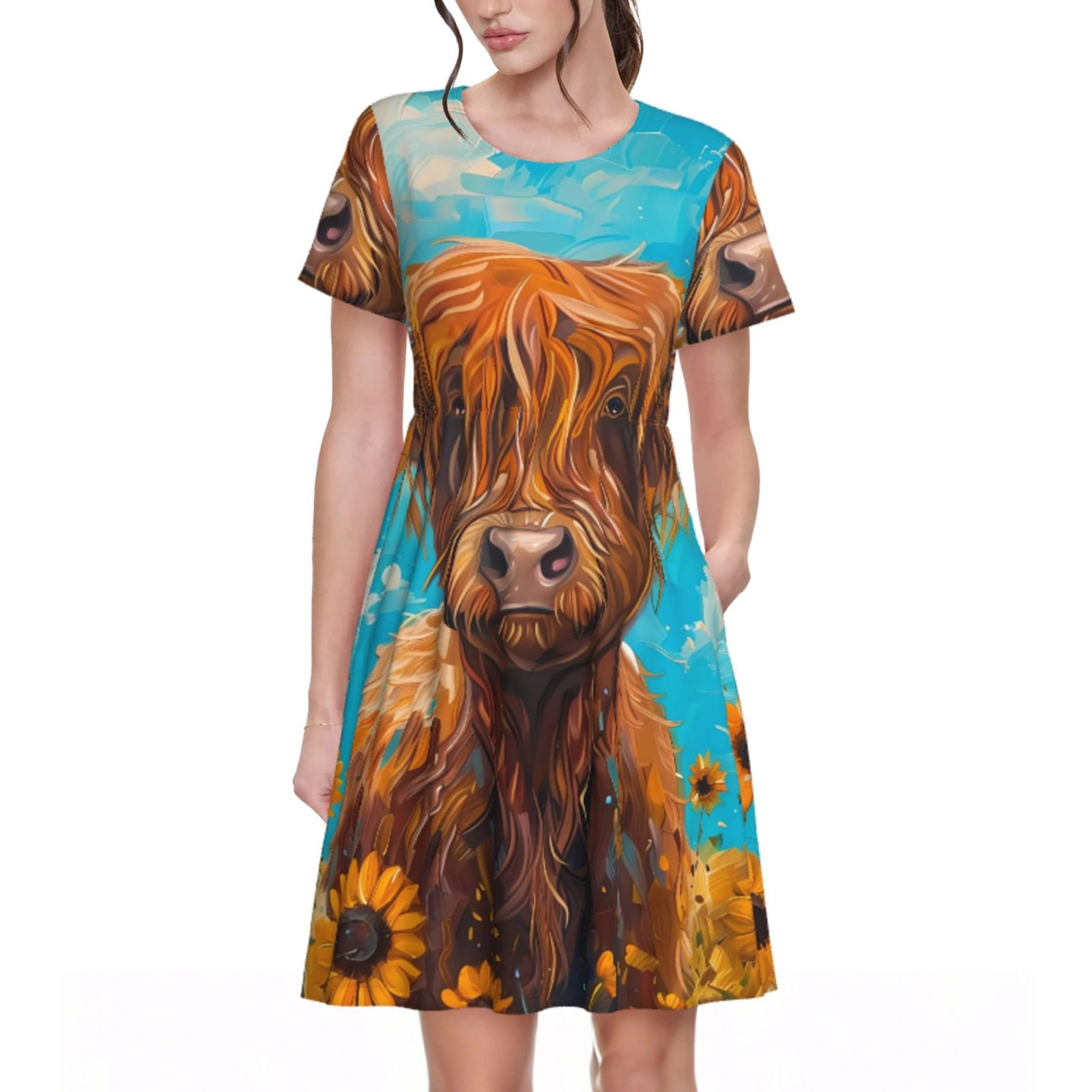 Matuu Cute Cow Sunflowers Art for Summer Dress for Women with Pockets ...