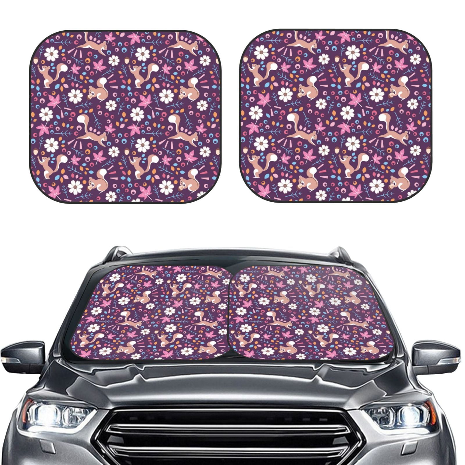 Matuu Cute Squirrel Floral Print 2 Piece Car Windshield Sun Shade ...